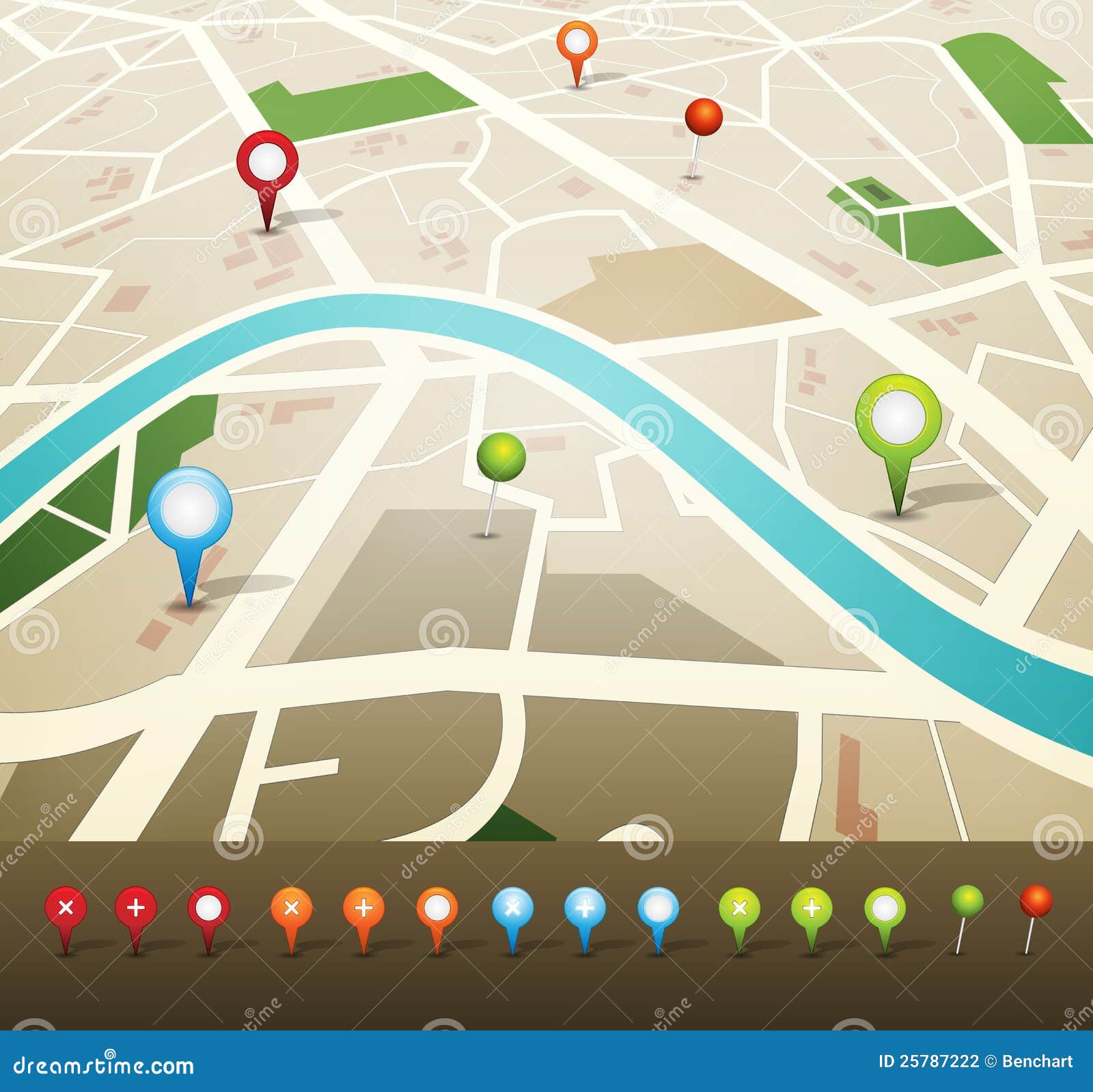 Street Map with GPS Pins Icons Stock Vector - Illustration of badge ...