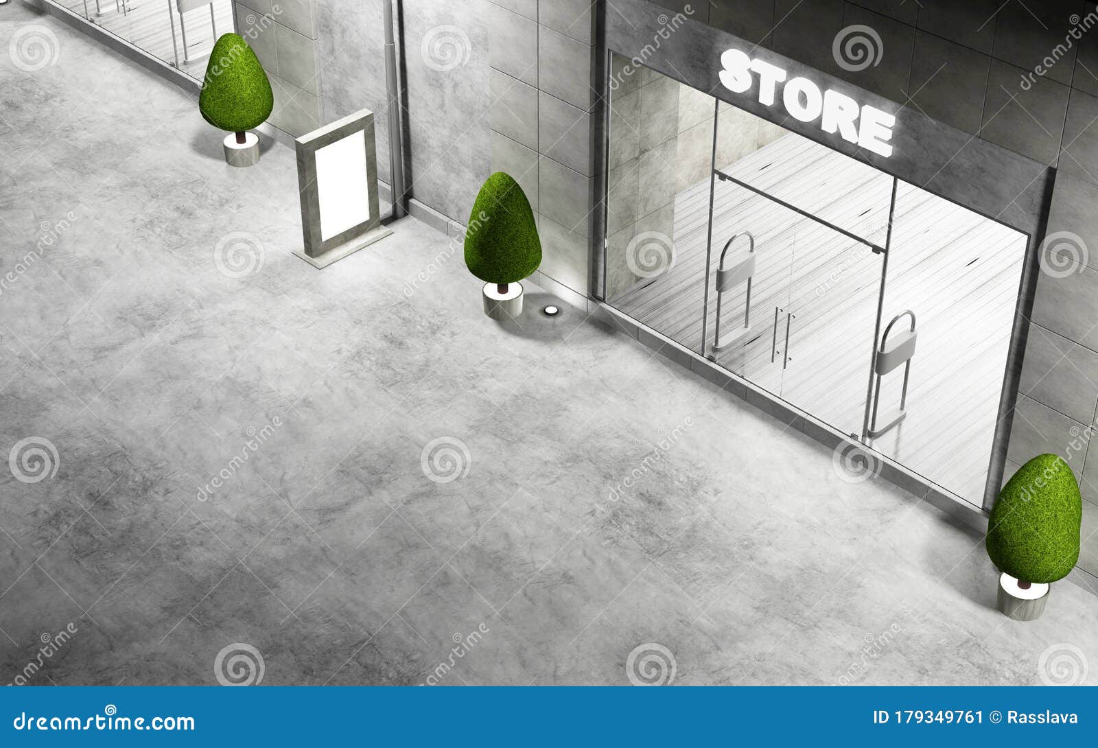 Street with Modern Empty Stores Front with Big Windows at Night. Stock ...