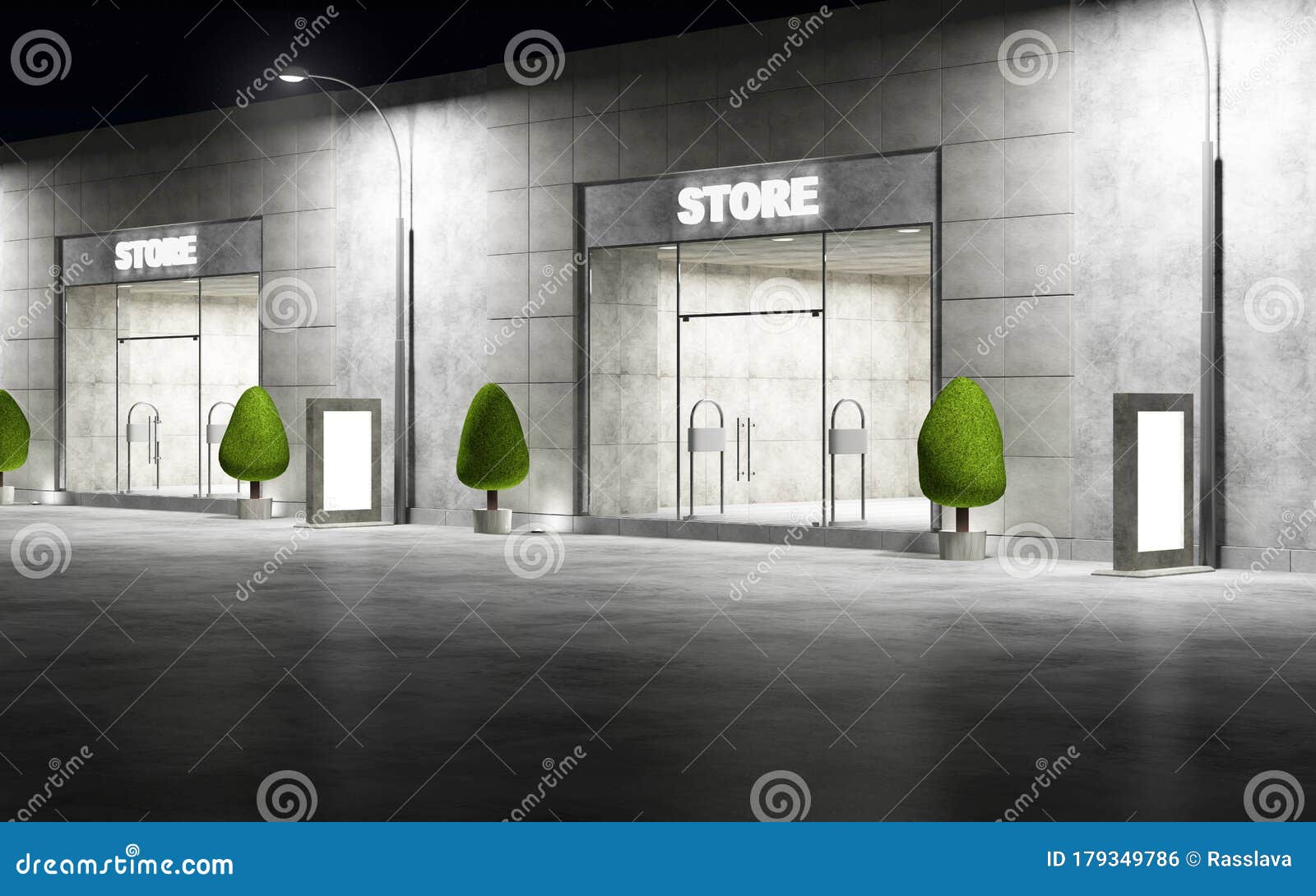 Street with Modern Empty Stores Front with Big Windows at Night. Stock ...