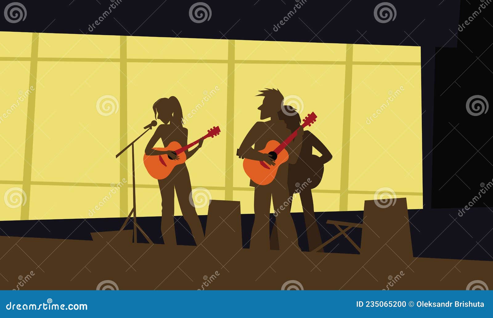 Street Musicians in Front of Lighted Windows. a Group of Guitarists ...