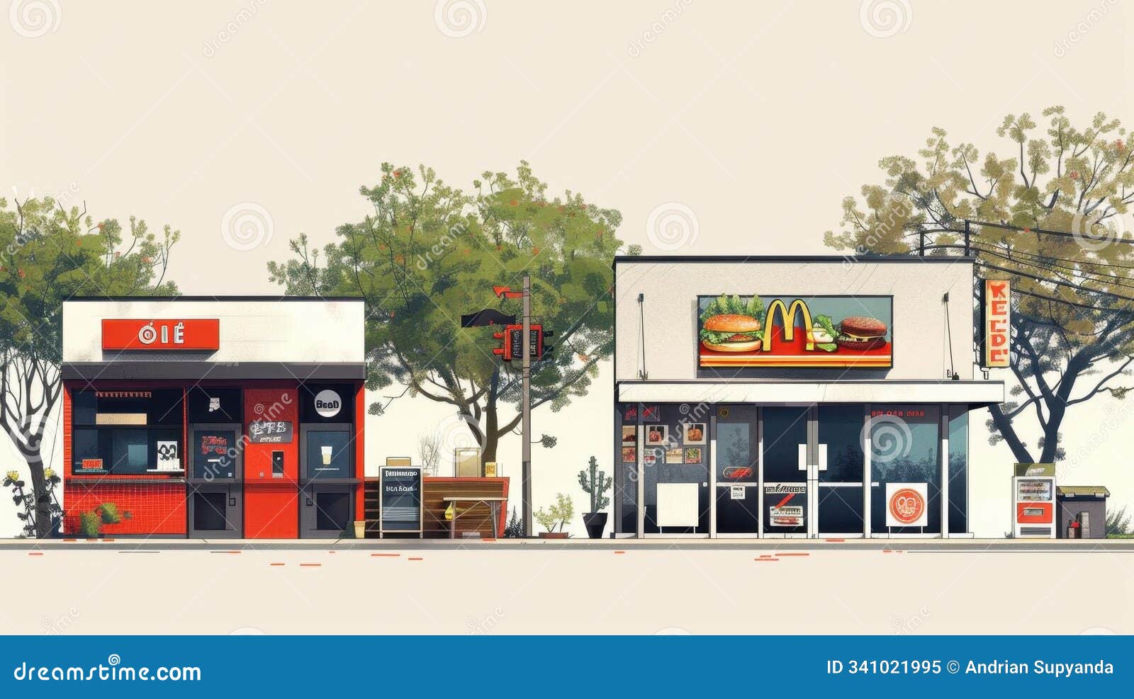 Street Scene with Two Storefronts and Trees Stock Illustration ...