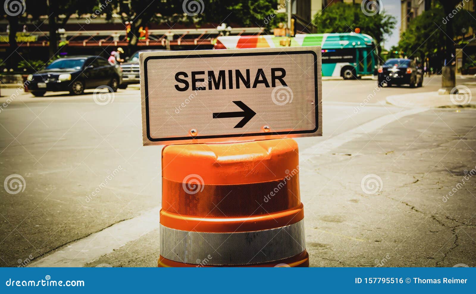 Street Sign to Seminar stock photo. Image of secondary - 157795516