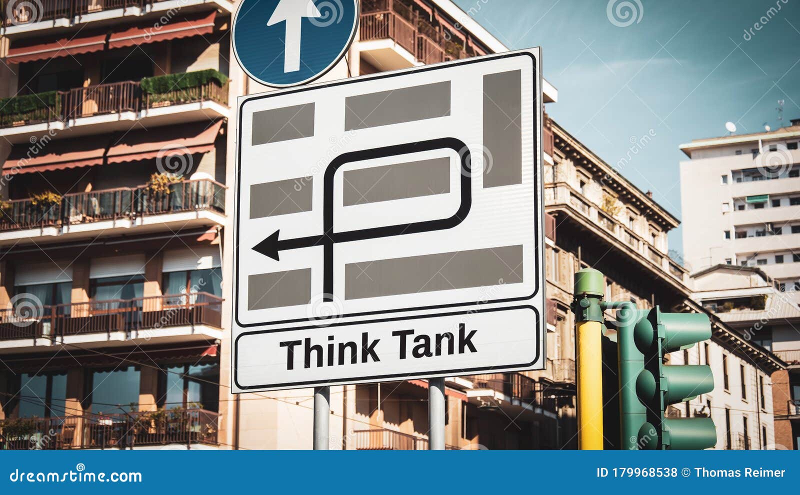 Street Sign to Think Tank stock photo. Image of designs - 179968538