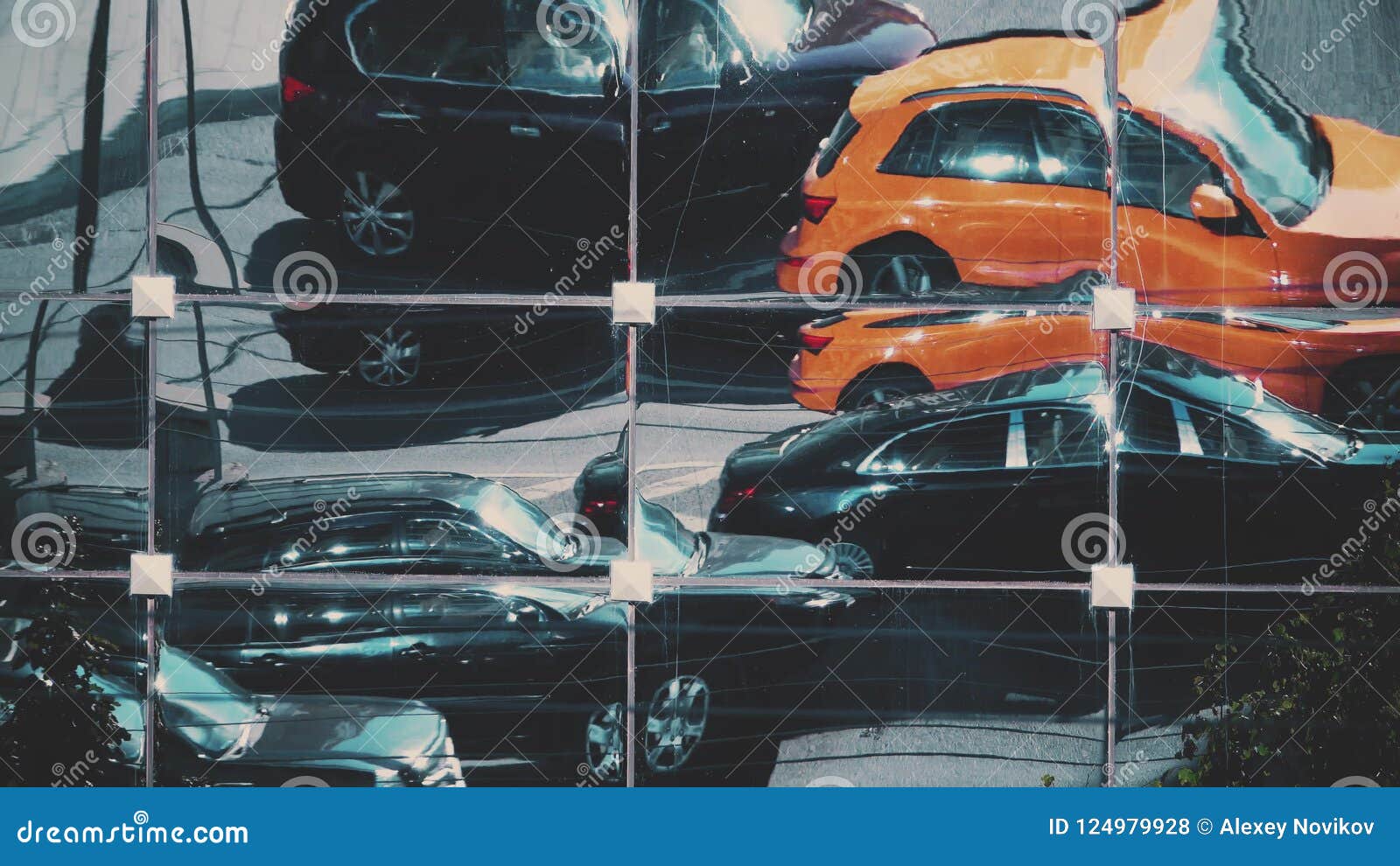 Street Traffic Distorted Reflection on a Mirror Skyscraper Facade Stock ...