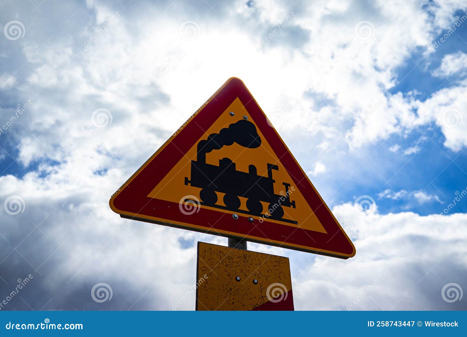 Street "Train Warning" Sign Against the Blue Sky Stock Image - Image of ...