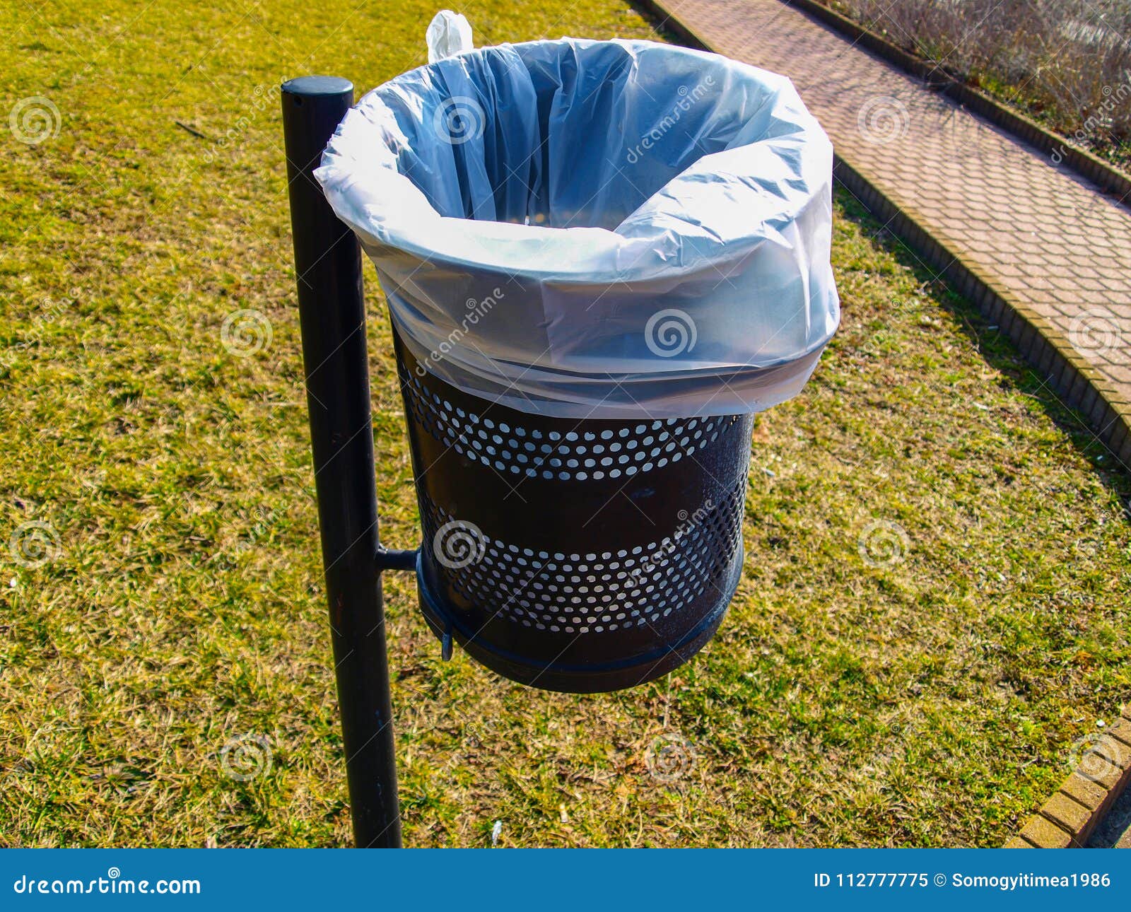 Street Trash Bin with Blue Sack. Stock Image - Image of green, metal ...