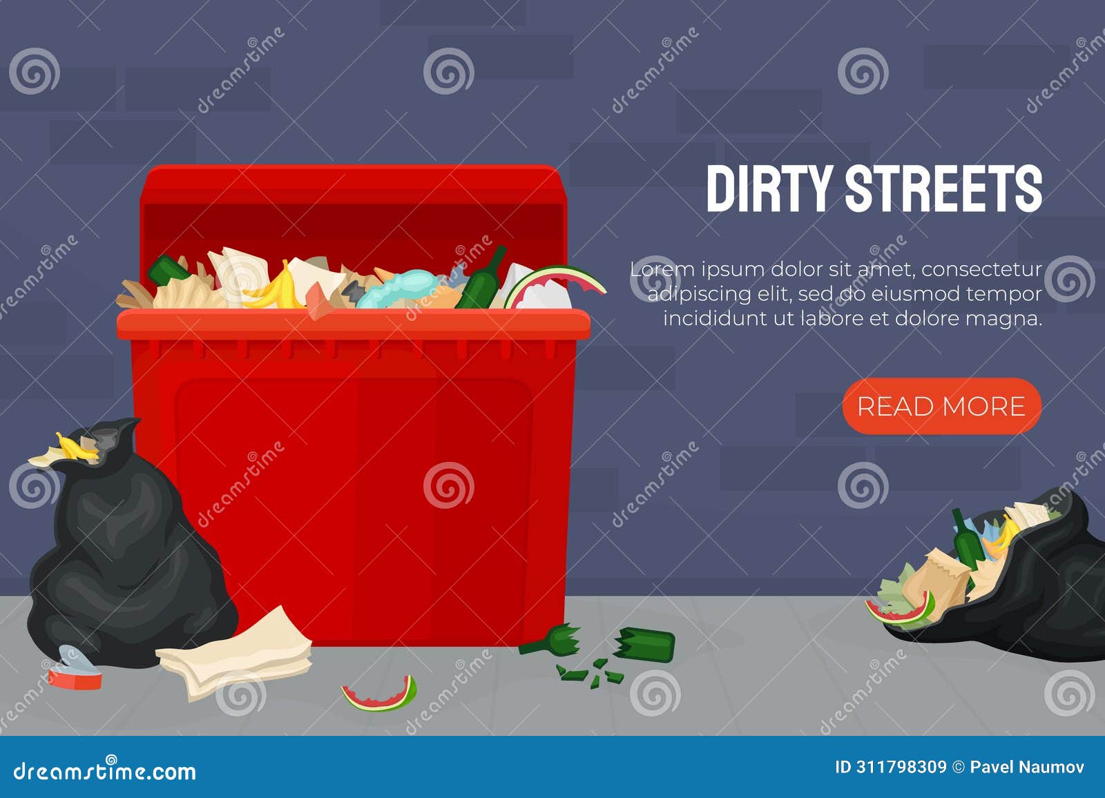 Street Trash and Garbage Banner Design with Container Vector Template ...