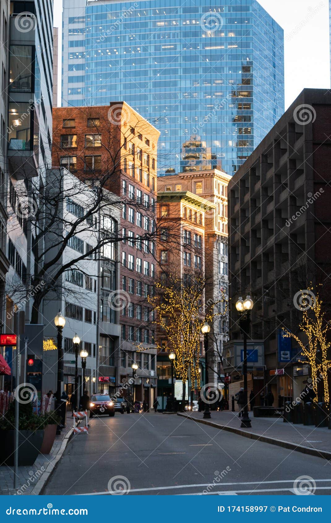 Street View of Downtown Boston at Dusk Stock Image - Image of mass ...