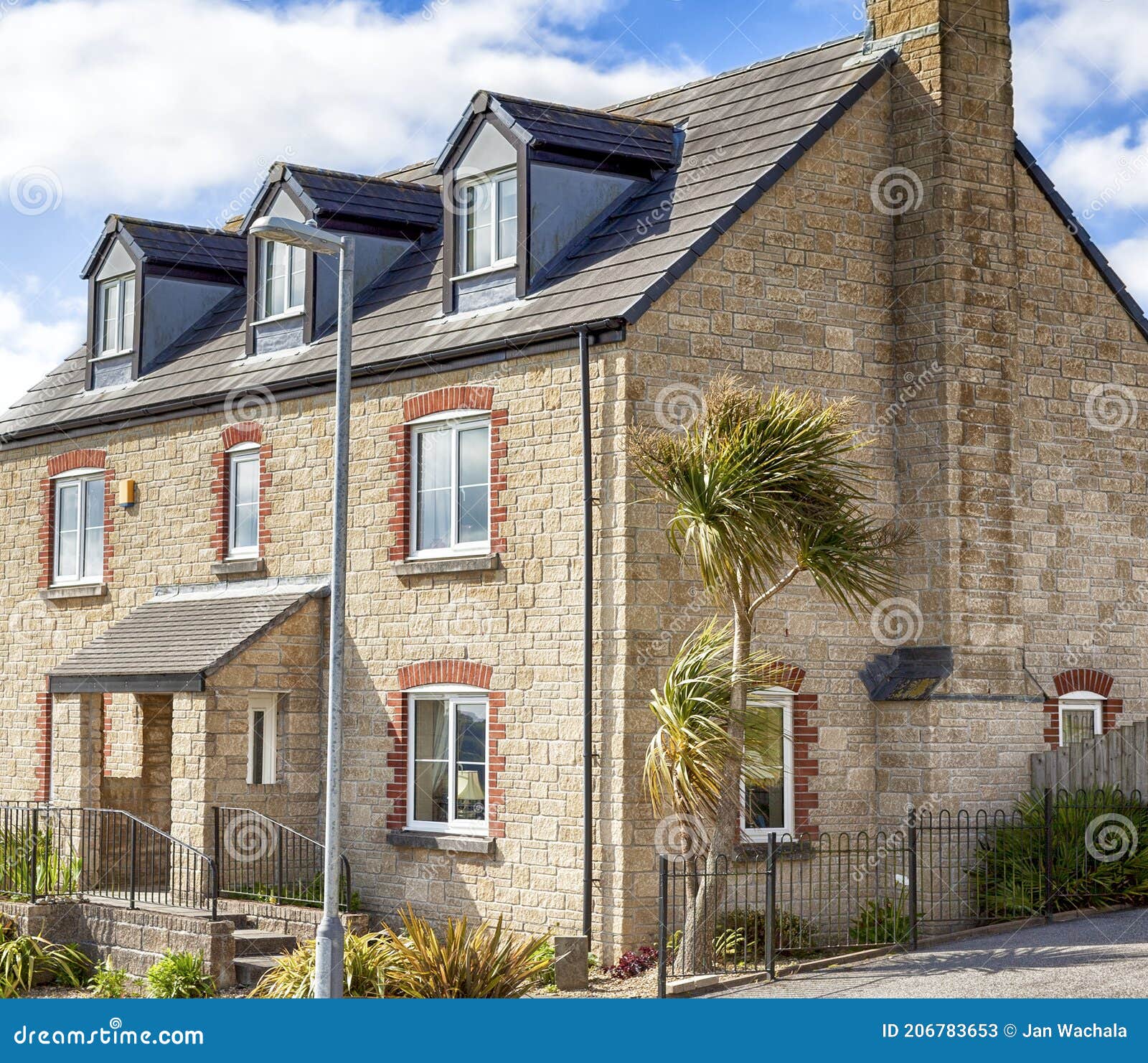 Street view of new house stock image. Image of stone - 206783653