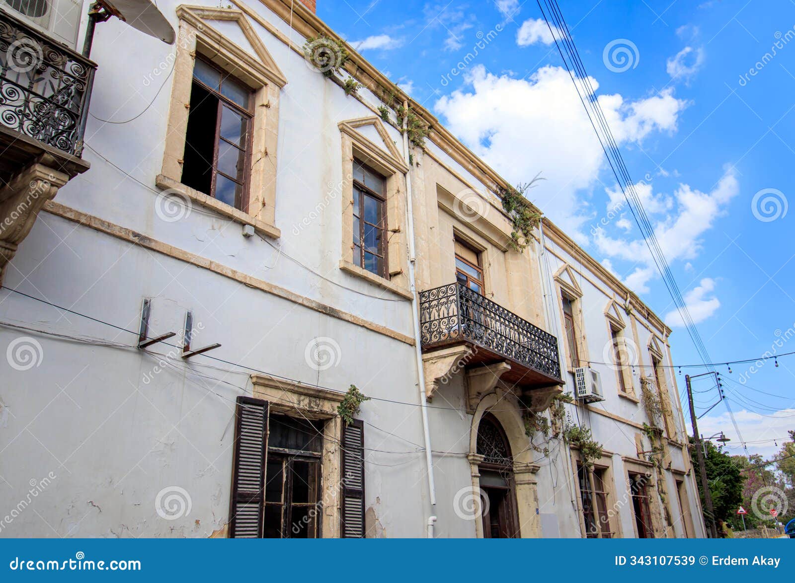 Street View of Old Style Facade White Building in the Spring Stock ...