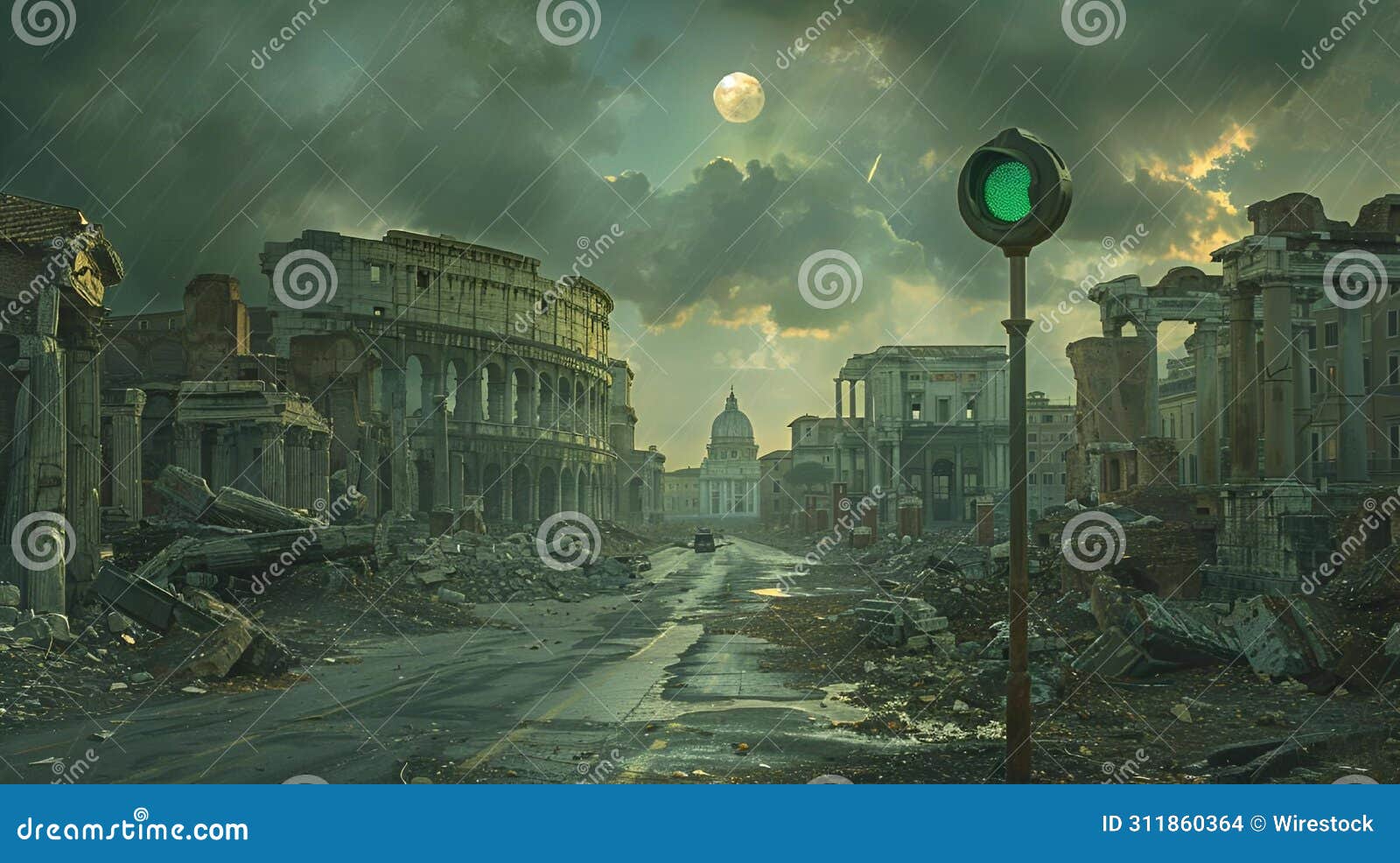 Street View with a Traffic Light and Distant Ruins, AI-generated. Stock ...