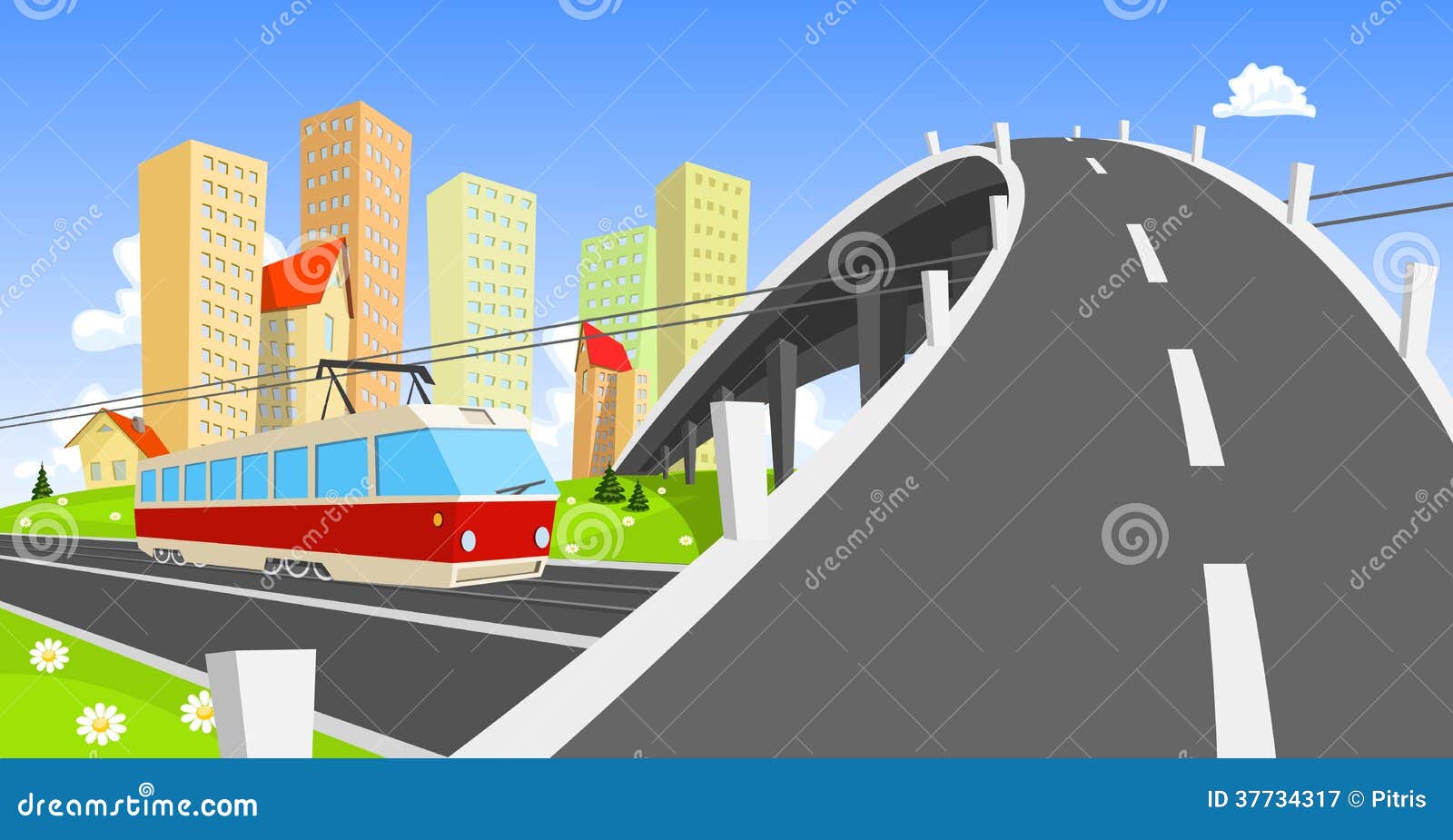 Streetcar Coming Under The Bridge Cartoon Vector | CartoonDealer.com ...