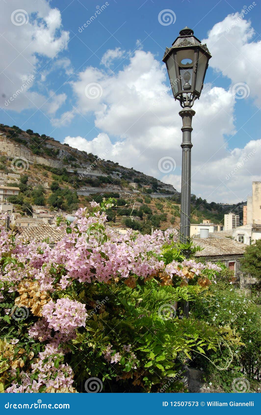 Streetlight and flowers stock image. Image of blue, italy - 12507573