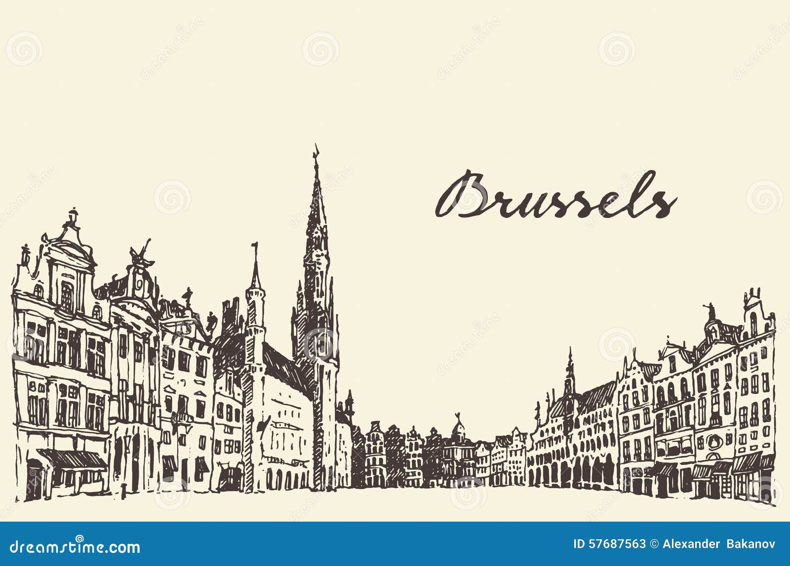 Streets in Brussels Vector Engraved Drawn Sketch Stock Vector ...