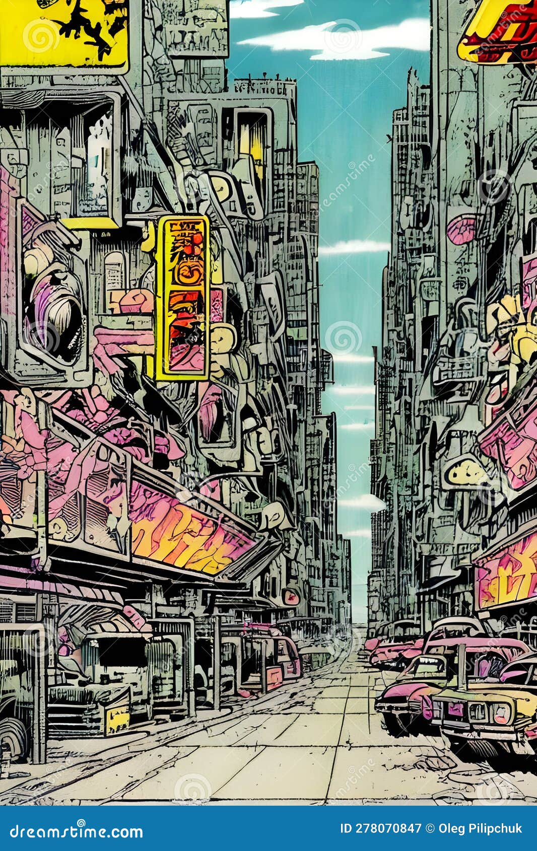 Streets Drawn in 80s Colored Comic Style Stock Illustration ...