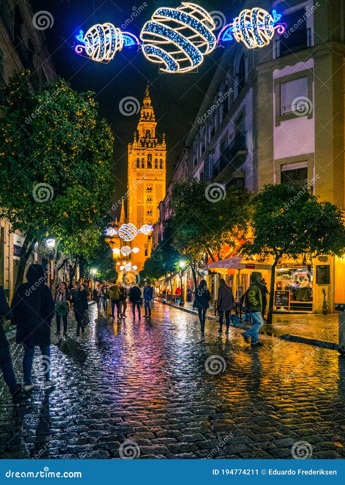Streets of Seville at Night on Christmas Time Editorial Photo - Image ...