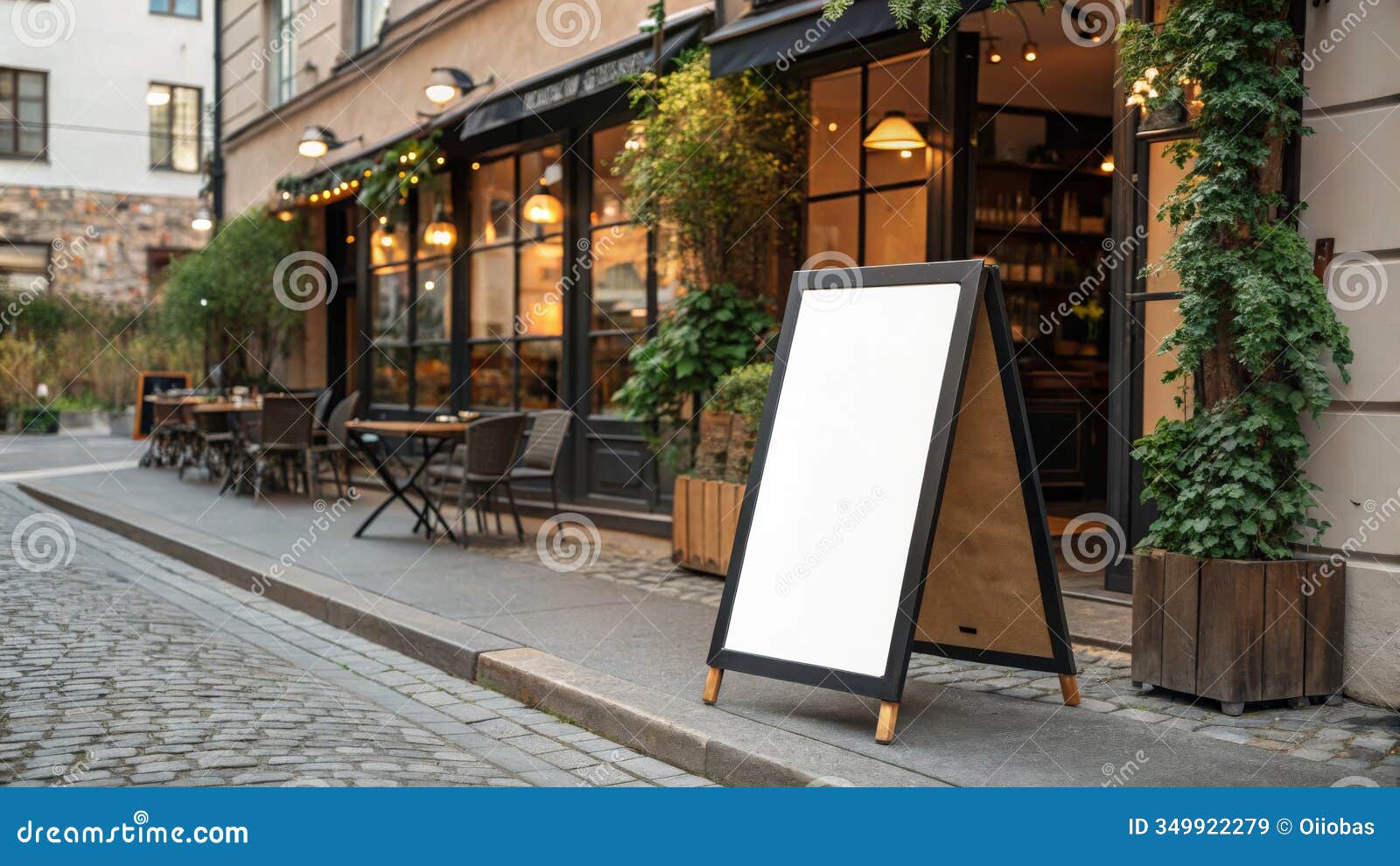 Streetside Cafe a-Frame Sign Mockup Blank, Urban Setting Stock ...