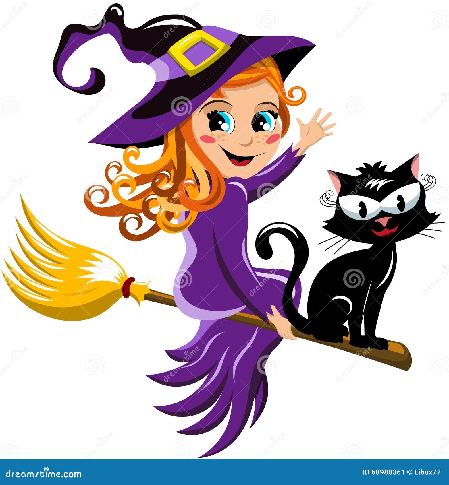 Strega Cat Flying Broom Kid Di Halloween Illustrazione Vettoriale ...