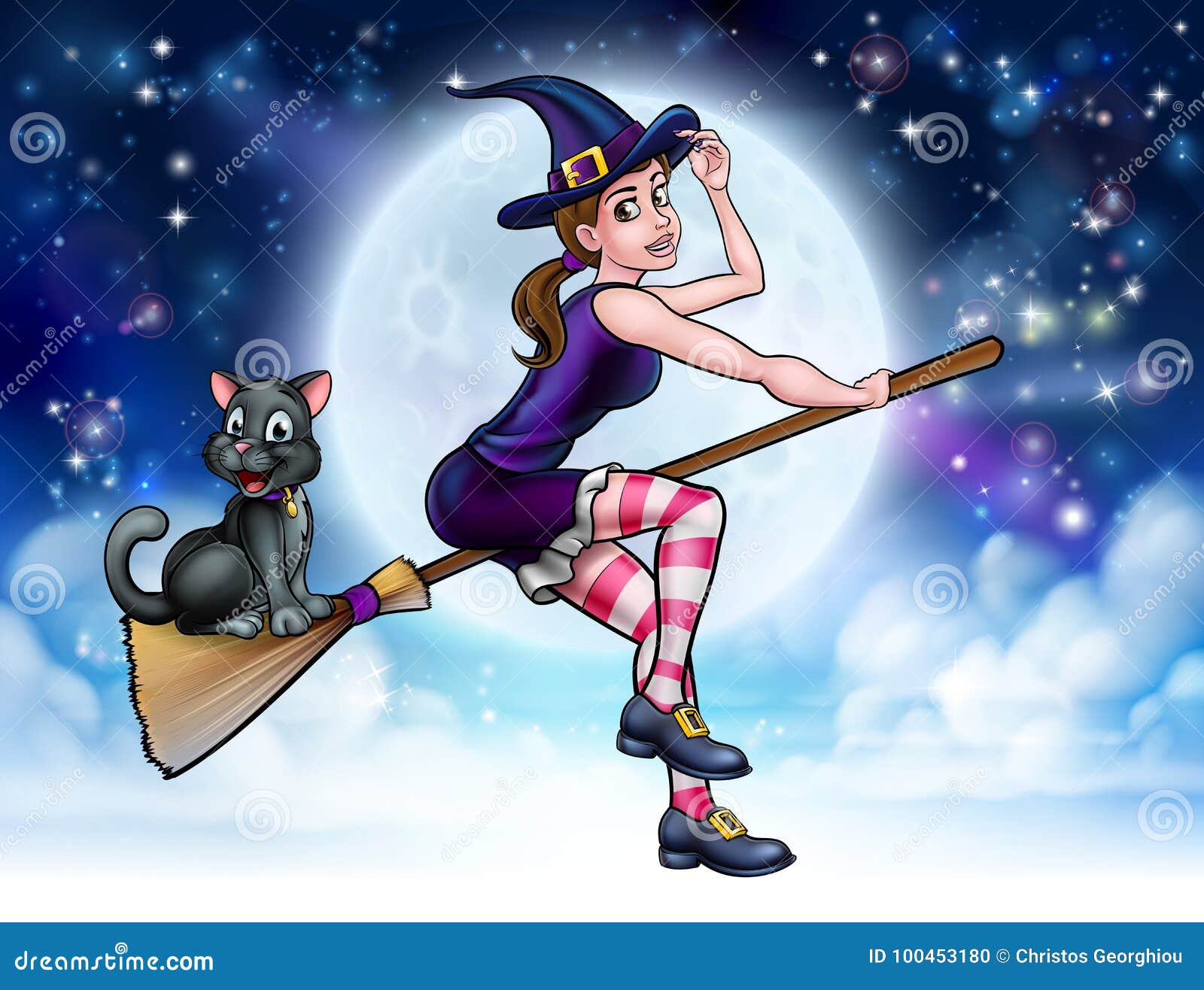 Strega E Cat Flying Moon Scene Di Halloween Illustrazione Vettoriale ...