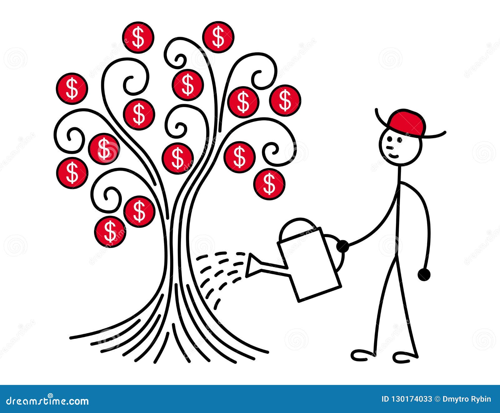 A Man in a Red Hat Watered a Tree. on the Tree Grow Dollars. Metaphor ...