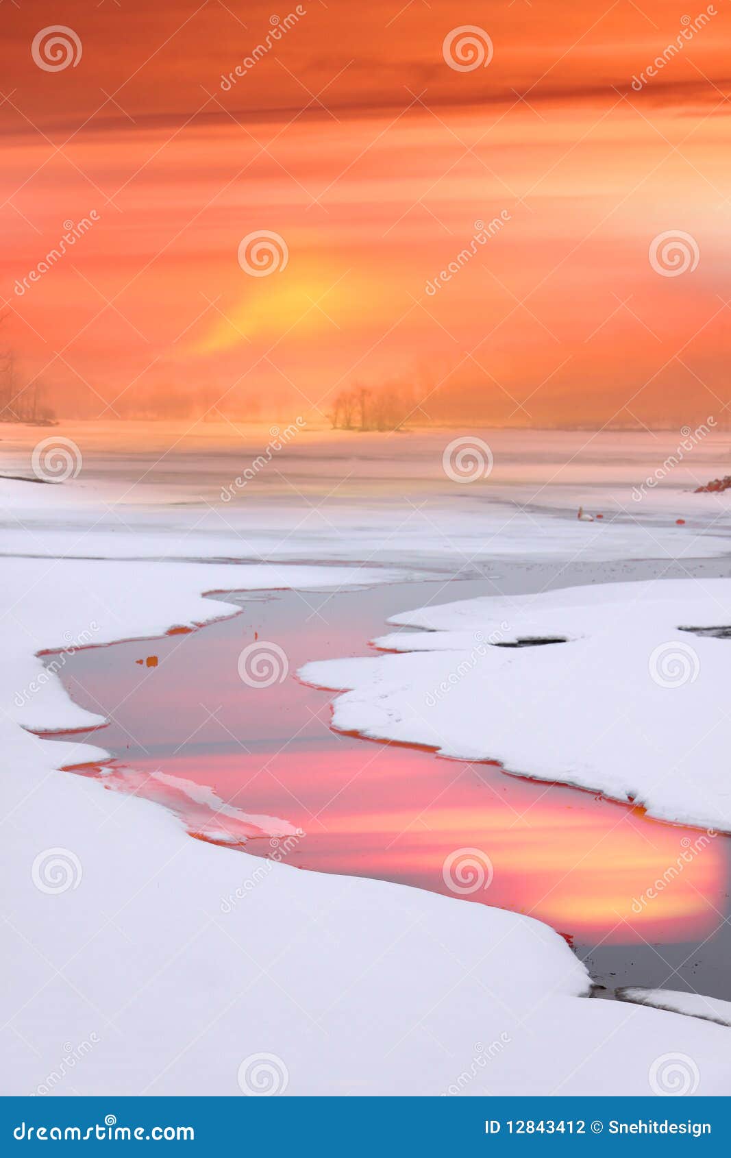 Strem Flowing through Frozen Lake Stock Photo - Image of nostalgy, snow ...