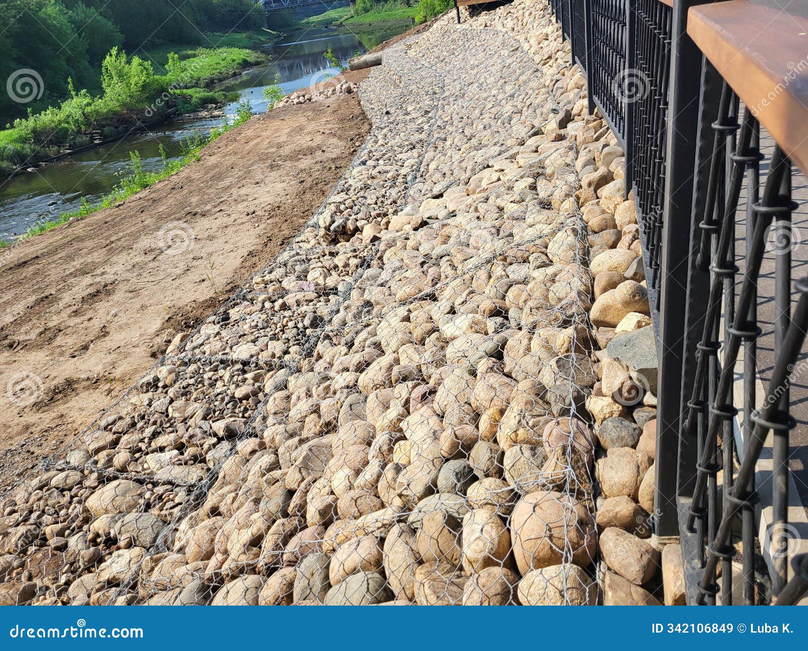 Strengthening the River Bank with Stones and Wire. Stock Image - Image ...