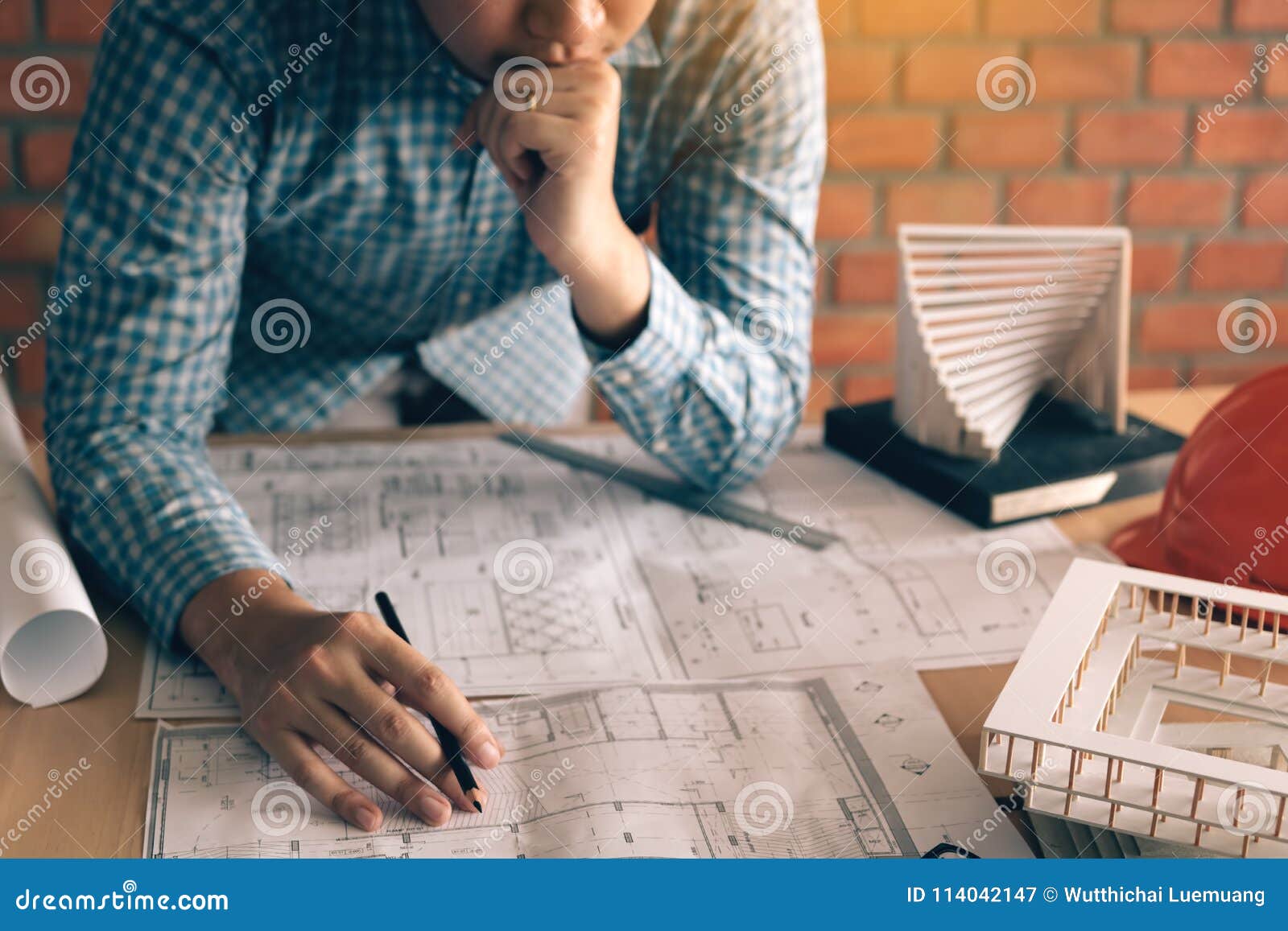 Stress Architect Man Looking Blueprint on Desk about Problem Structure ...