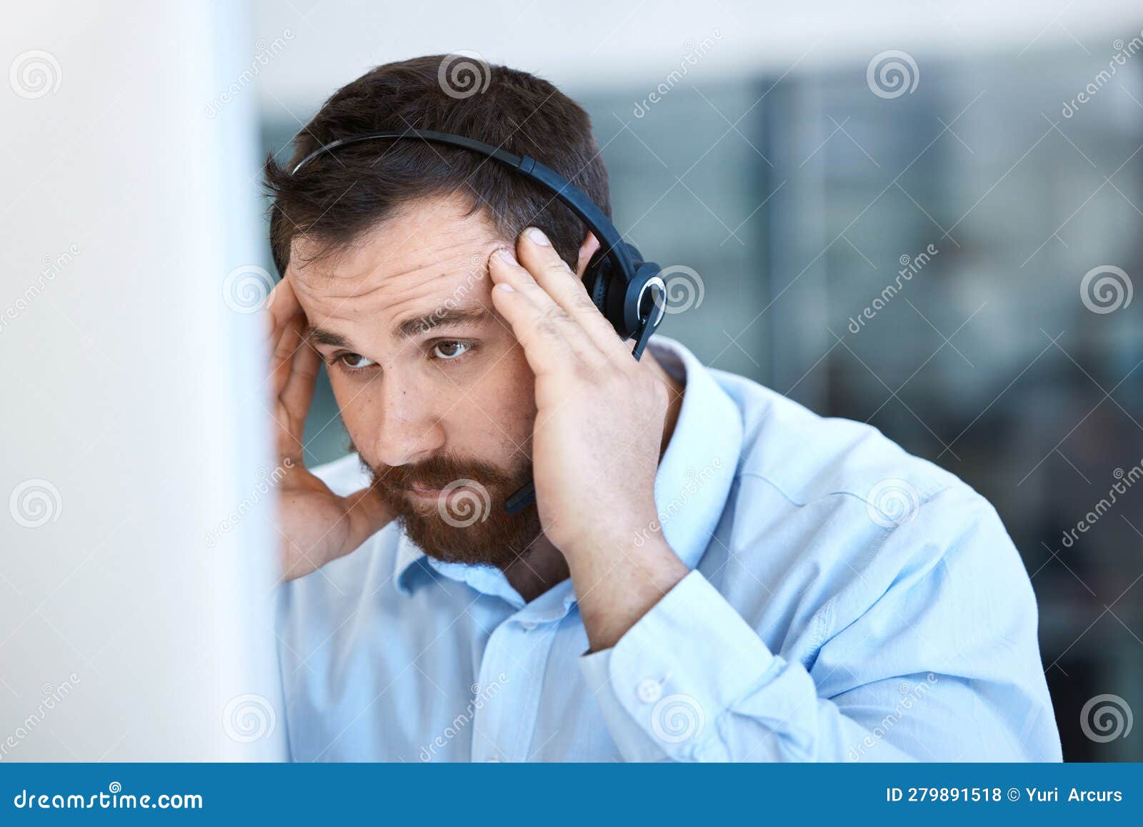 Stress, Computer and Tired Call Center Man with a Headset for Customer ...