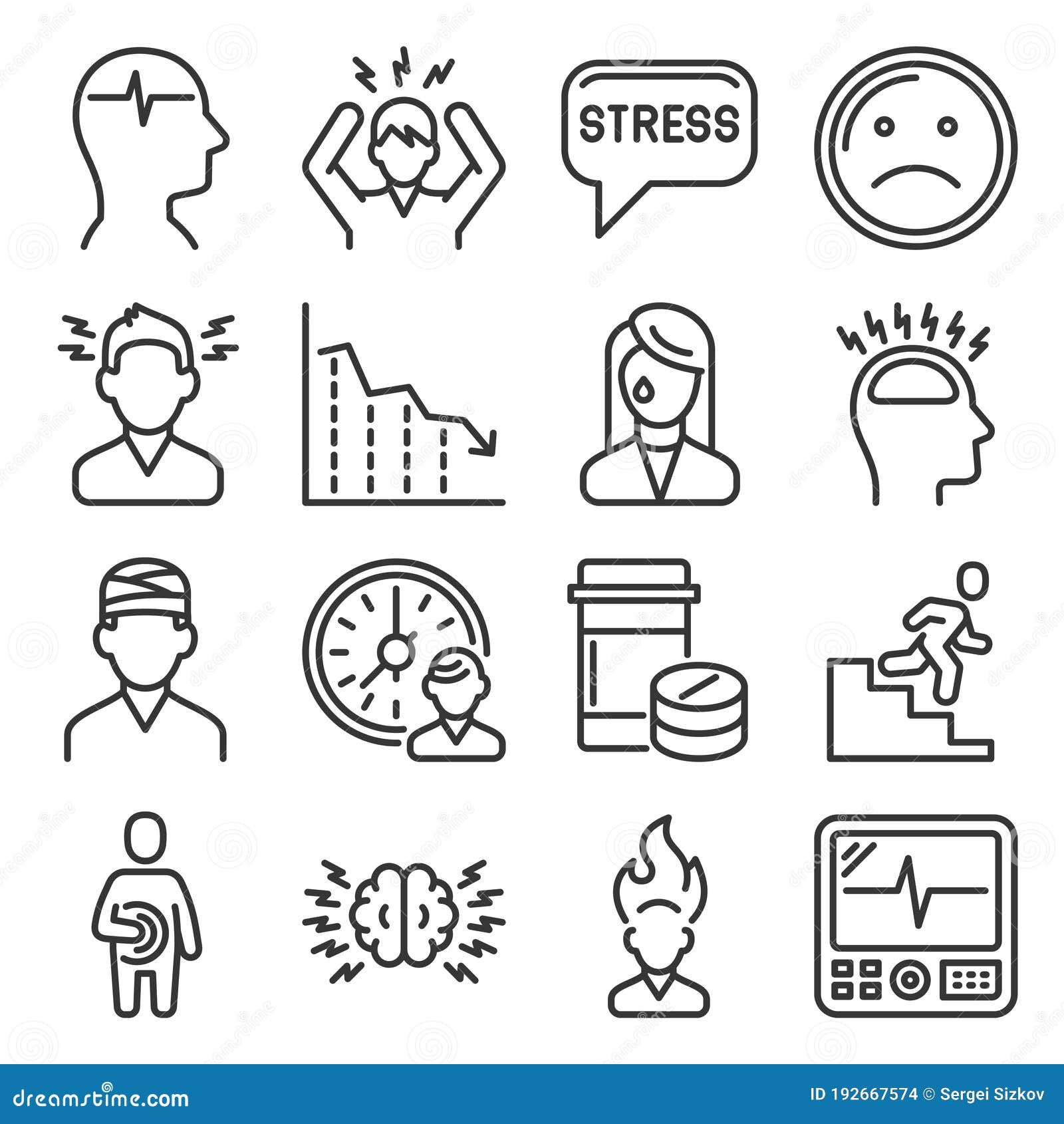 Stress and Depression Icons Set on White Background. Line Style Vector ...