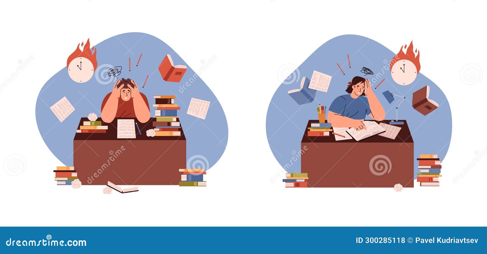 Stress Exam Preparation with Textbook Pile, Scared Panic Student Hurry ...