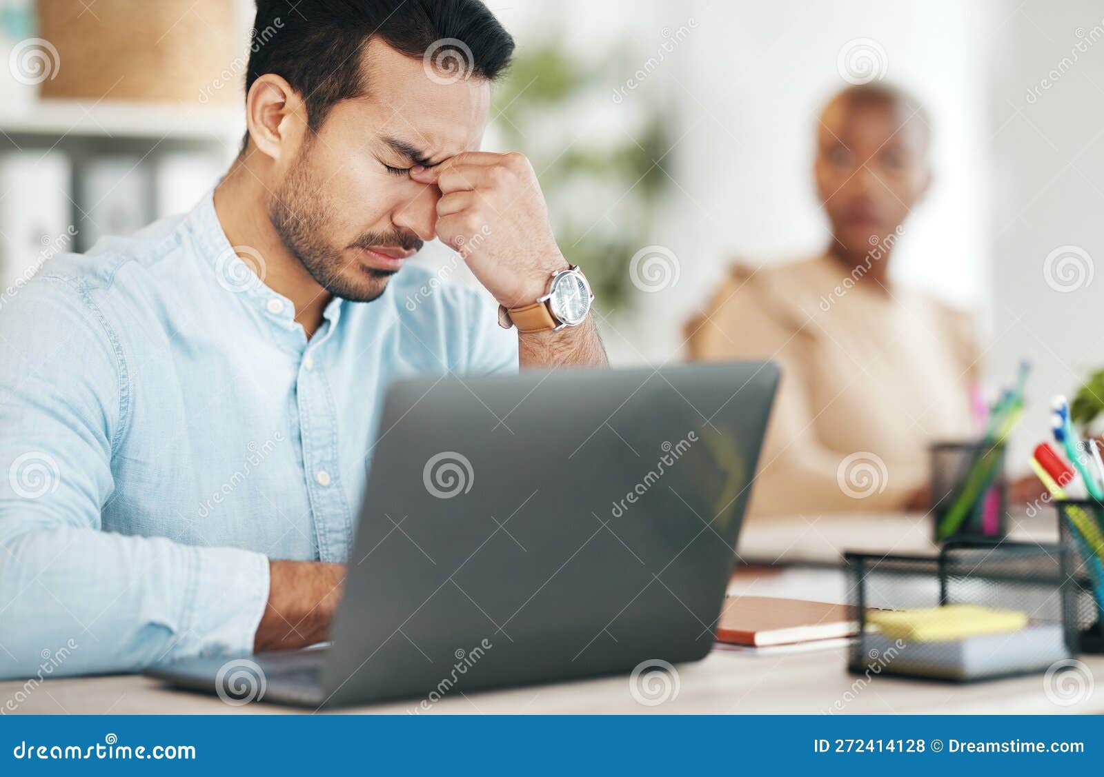 Stress Headache Burnout And Indian Man Exhausted Overwhelmed With