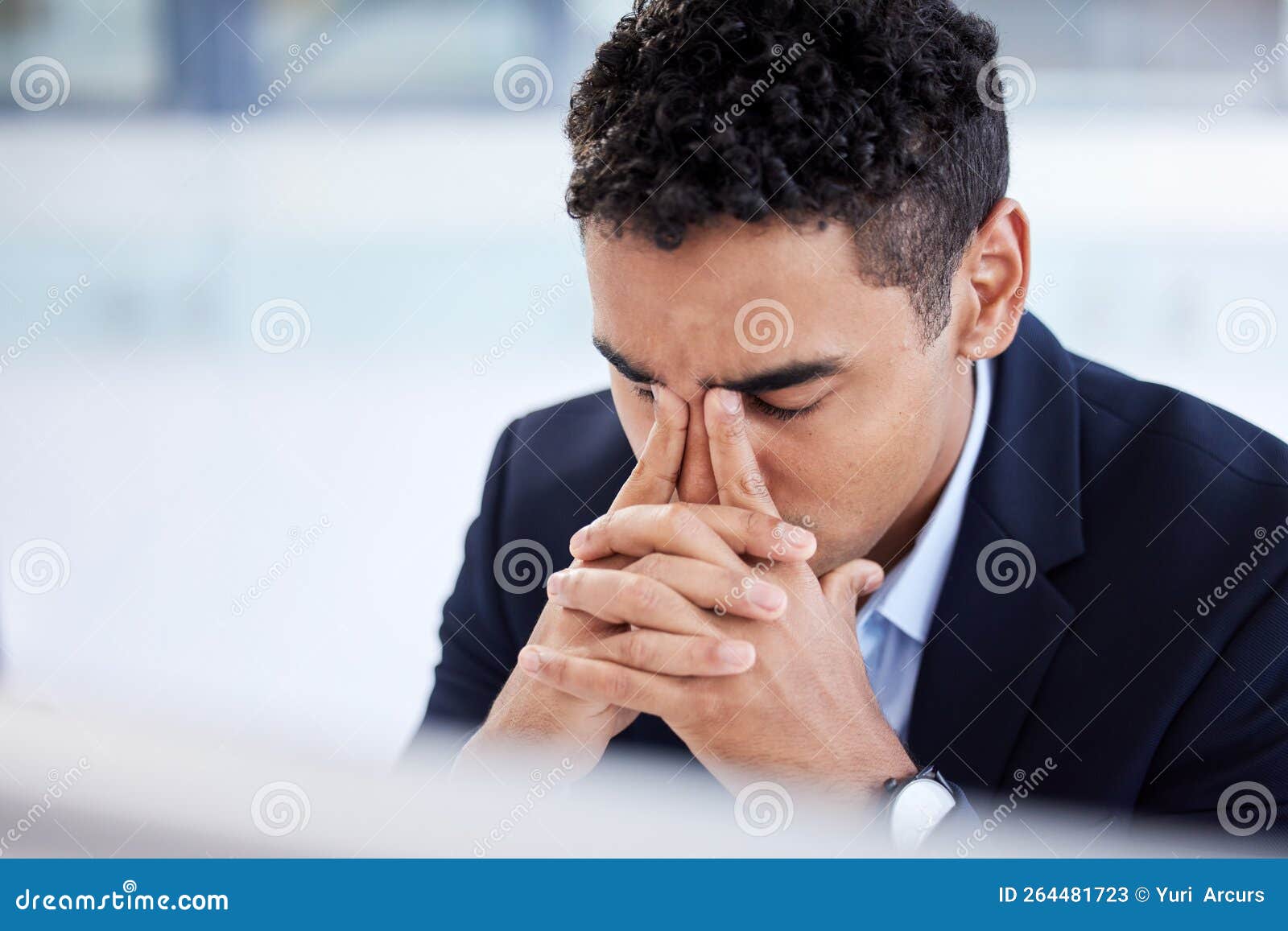 Stress Headache Burnout And Man In Office Overwhelmed With Workload At