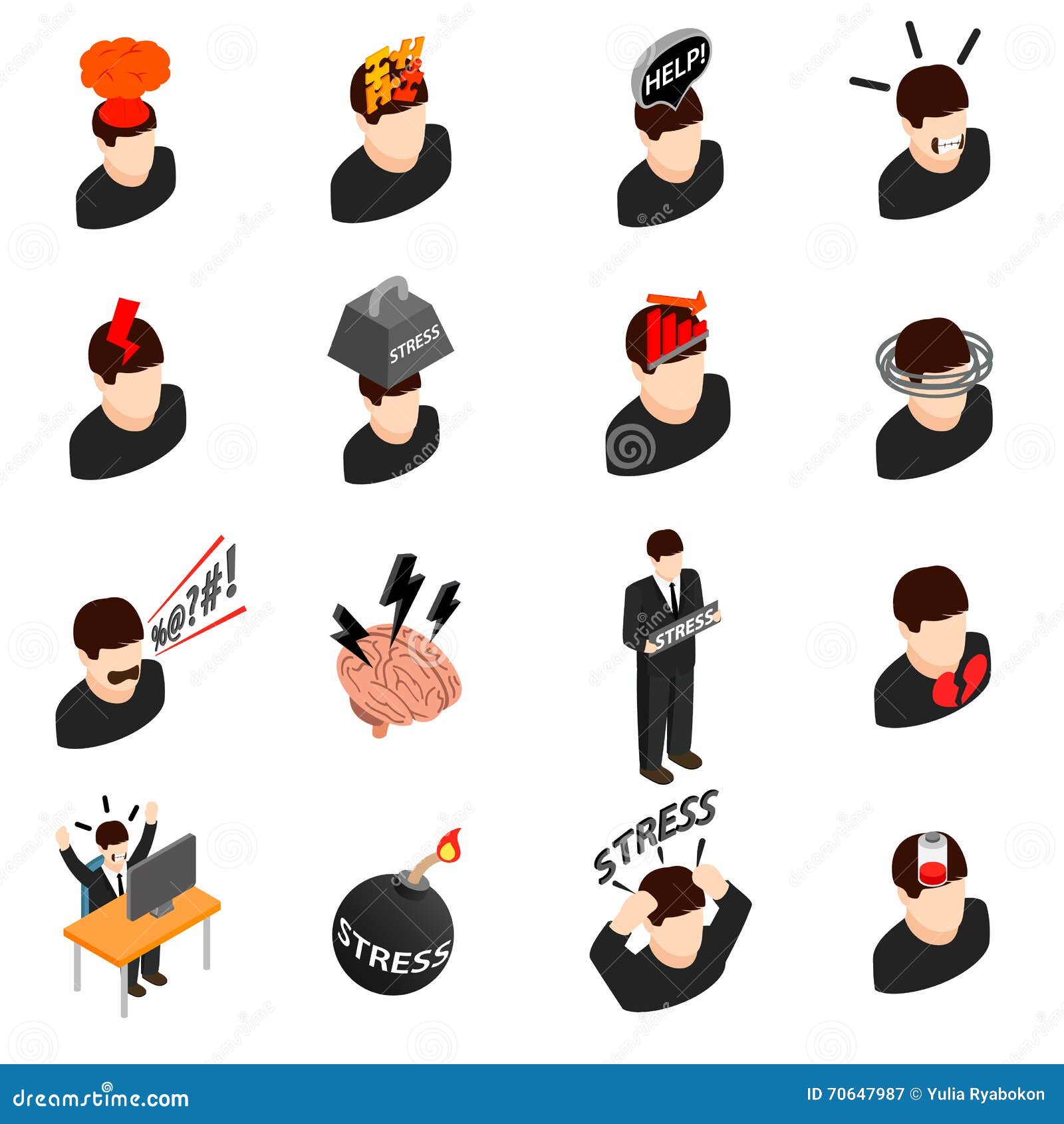 Stress Icons in Isometric 3d Style Stock Vector - Illustration of brain ...