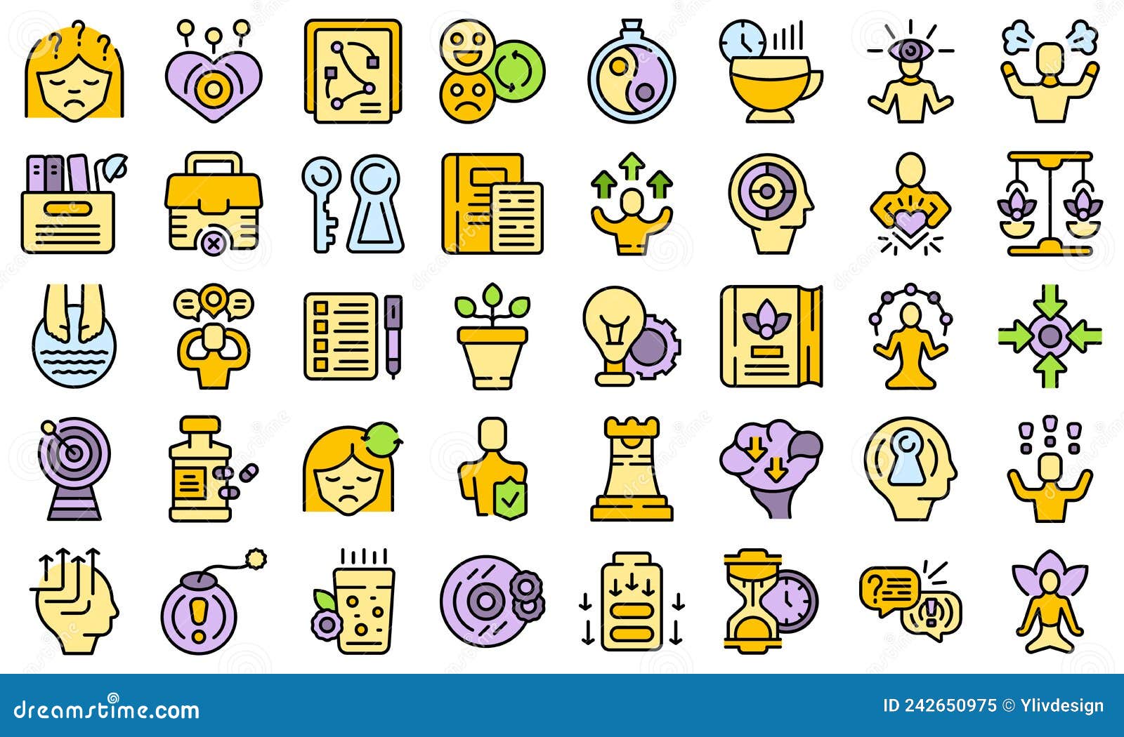 Stress Reduction Icons Set Vector Flat Stock Vector - Illustration of ...