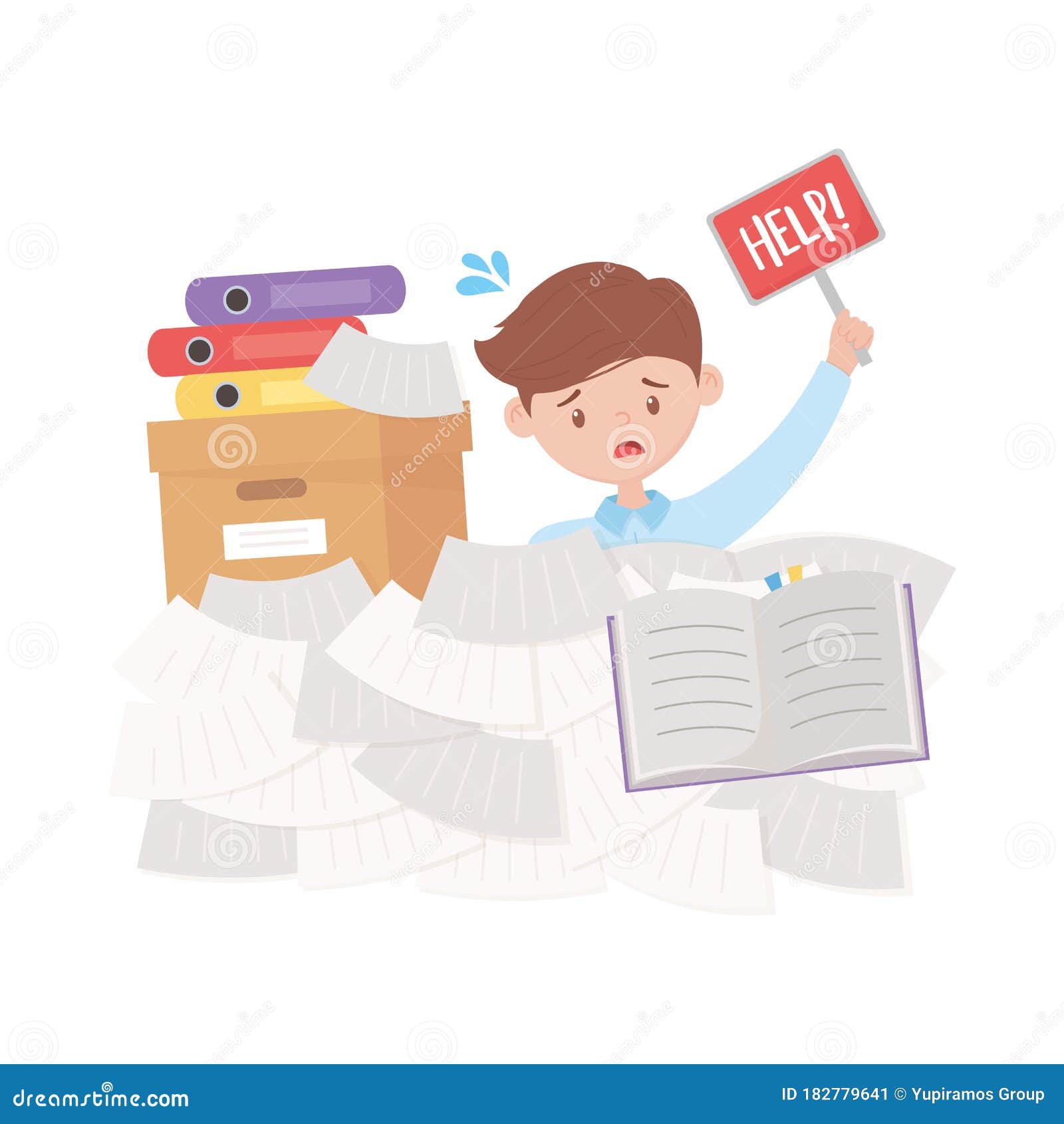 Stress at Work, Businessman Lot of Paperwork with Help Placard Stock ...