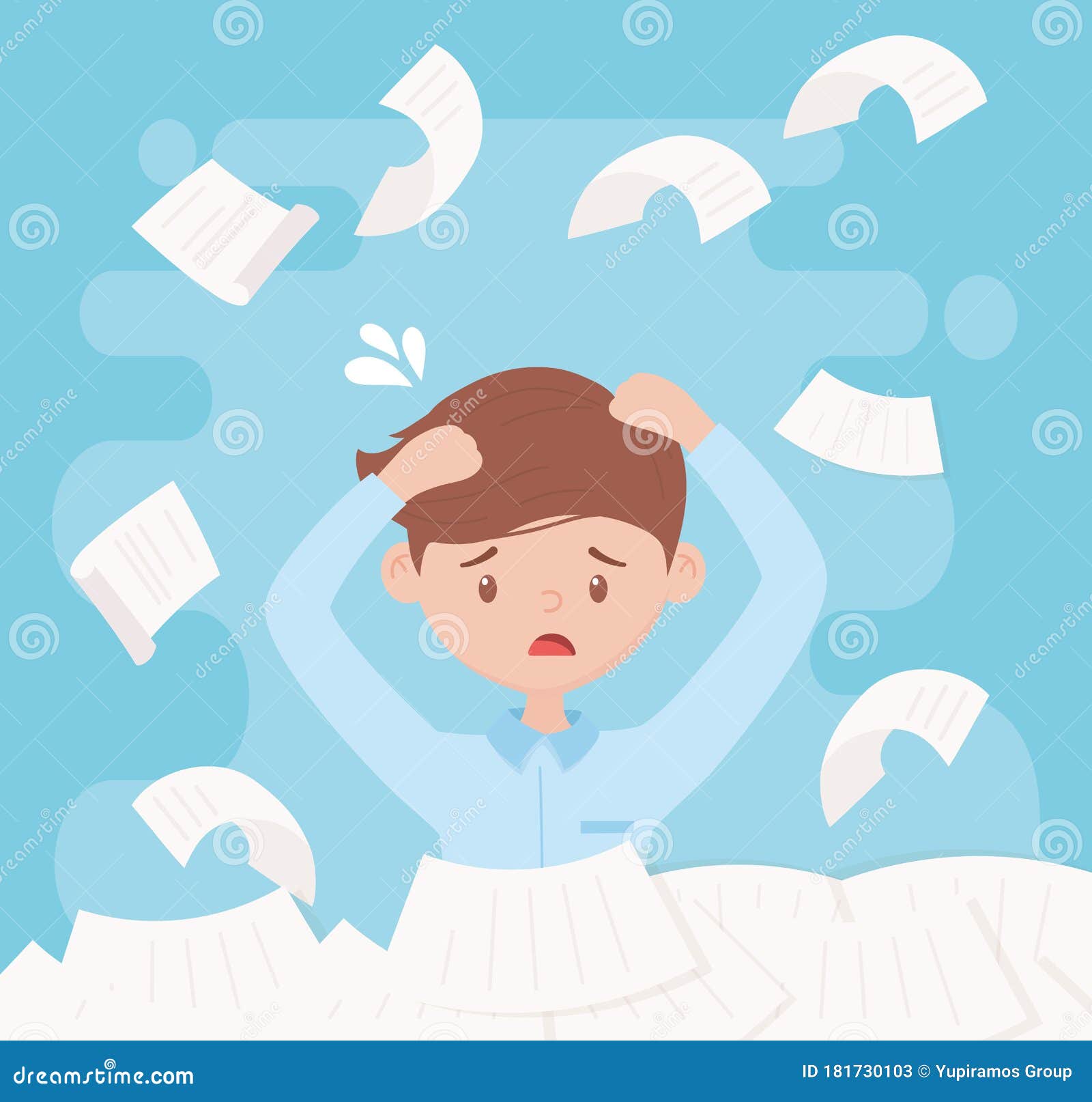 Stress At Work, Exasperated Worker Piles Of Papers And Documents ...