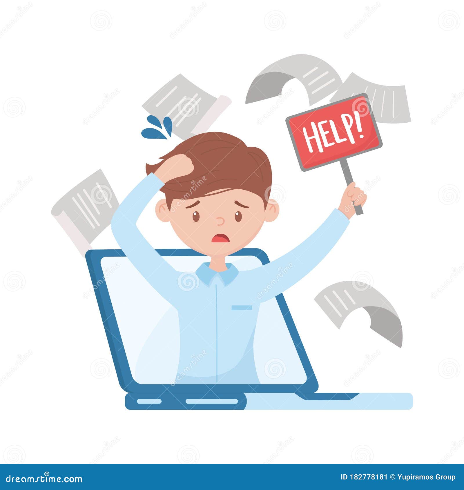 Stress at Work, Stressed Employee with Help Placard in Video Call Stock ...