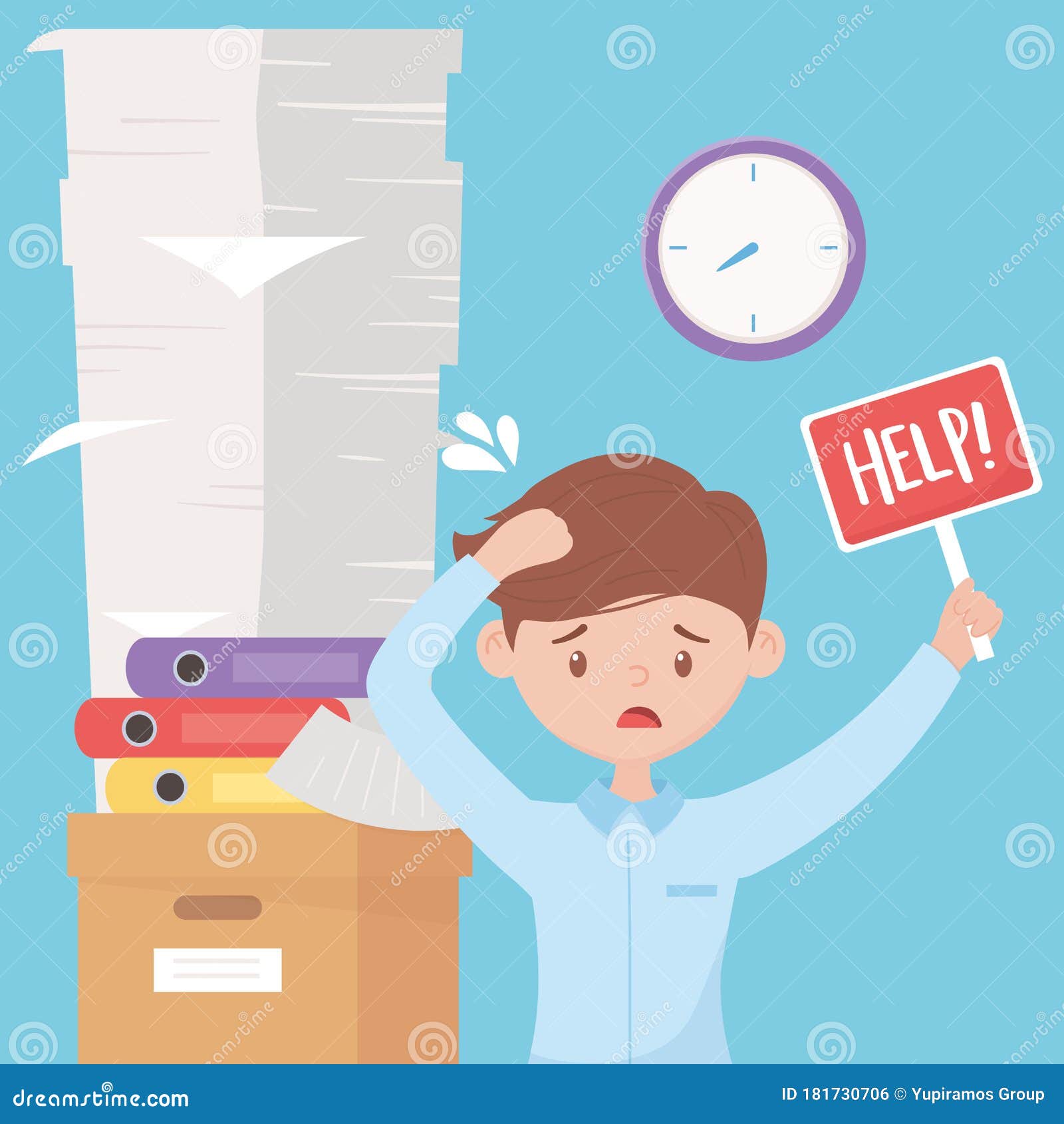 Stress at Work, Stressed Worker with Help Board Pile of Documents ...