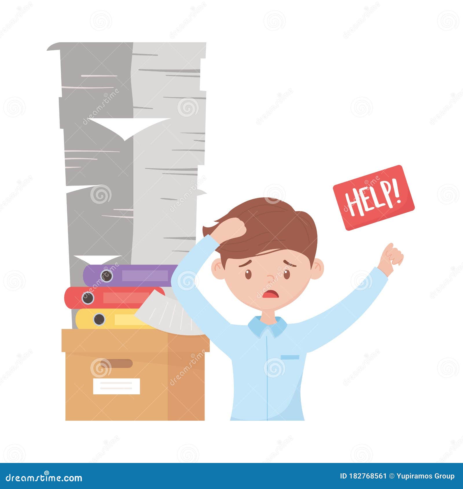 Stress at Work, Stressed Worker with Help Board Pile of Documents ...