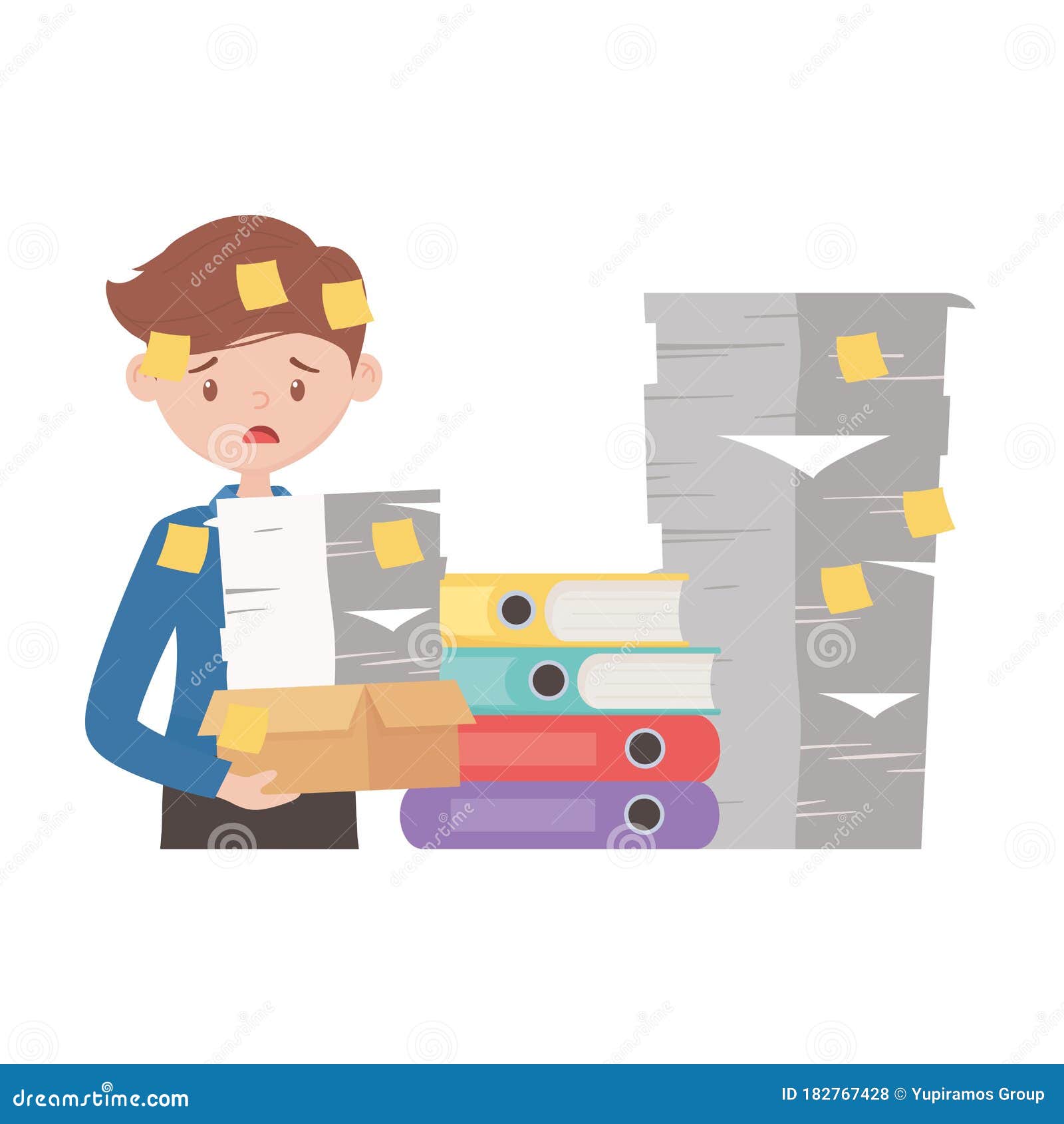 Stress at Work, Worried Employee with Pile of Documents and Many Stick ...