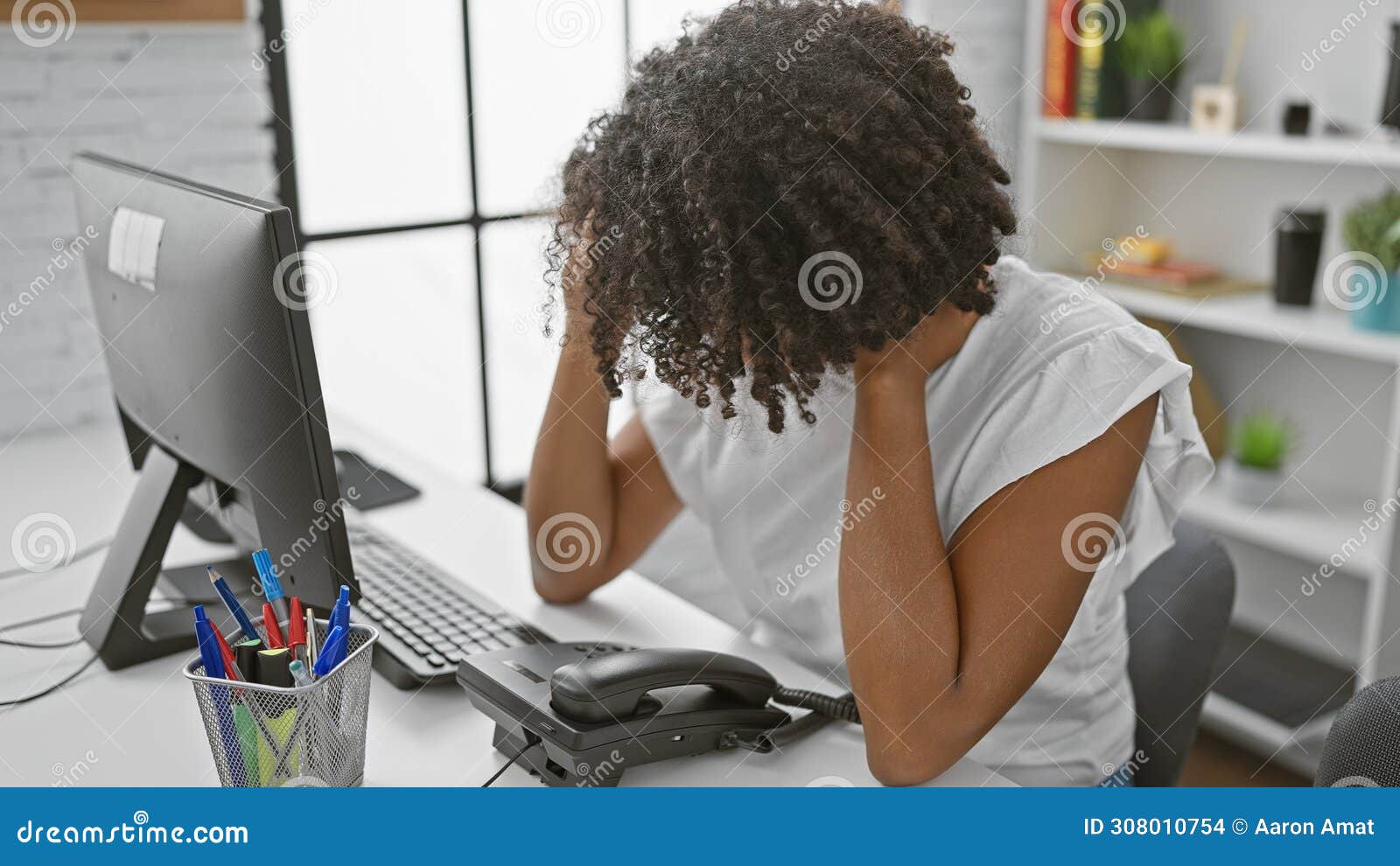 Stressed African American Woman in Office with Computer Stock Photo ...