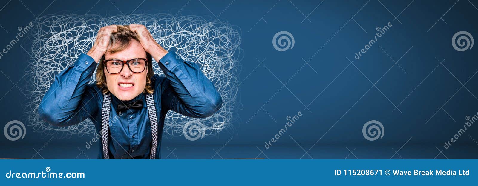 Stressed Anxious Man on Computer with Doodles Scribbles on Blue ...