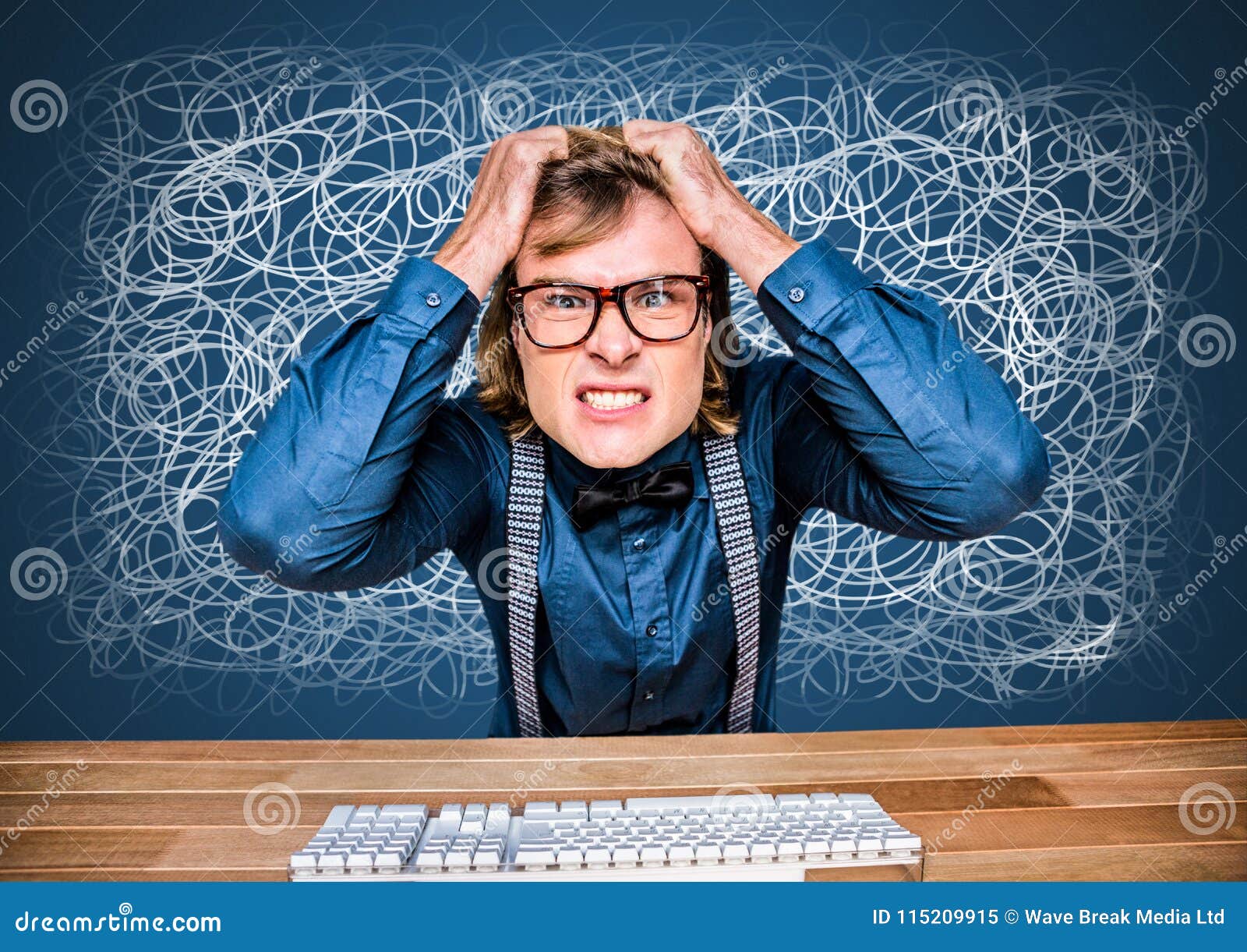 Stressed Anxious Man on Computer with Doodles Scribbles on Blue ...