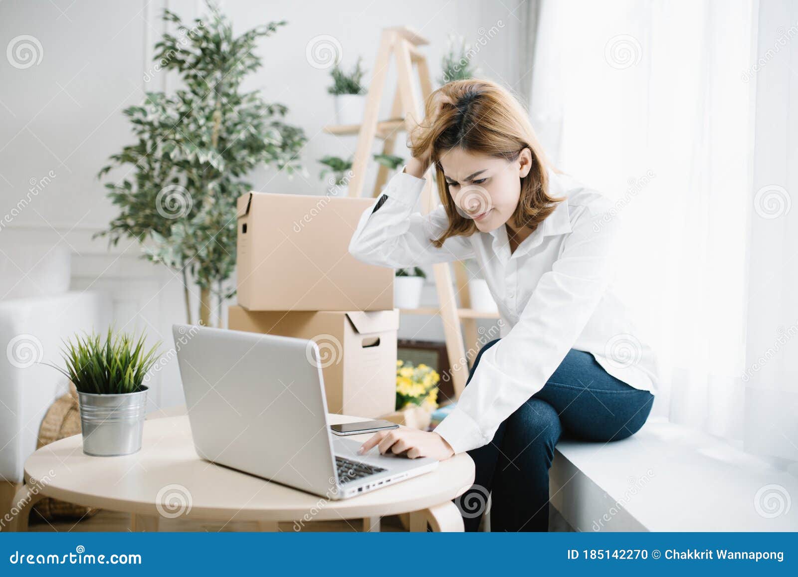 Stressed Asia Woman with Computer at Home, Work Form Home Stock Photo ...