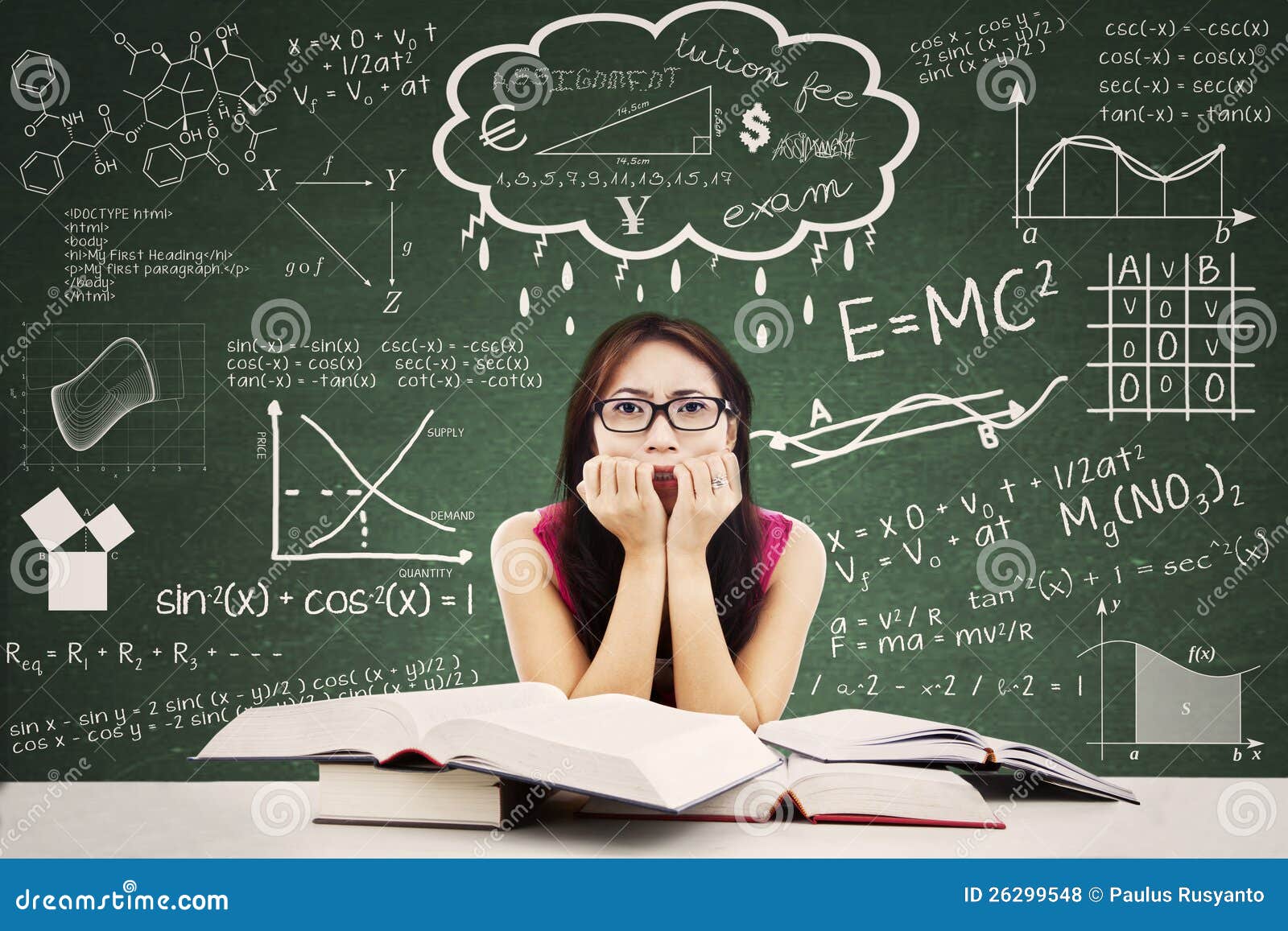 Stressed Asian Female Student Stock Photo - Image of glasses, geometry ...