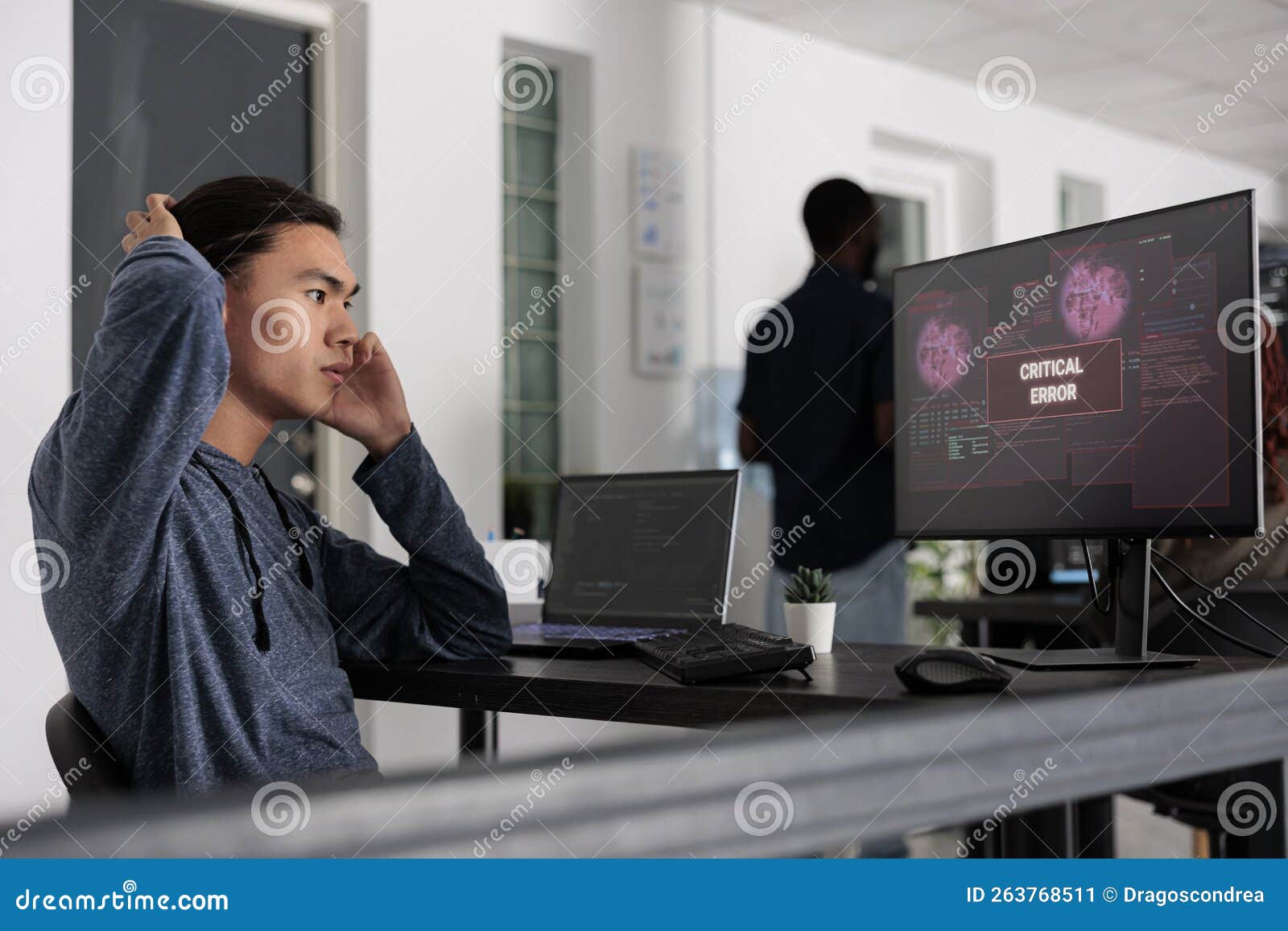 Stressed Asian Web Developer Having Security Breach Alert On Computer Screen Stock Image Image