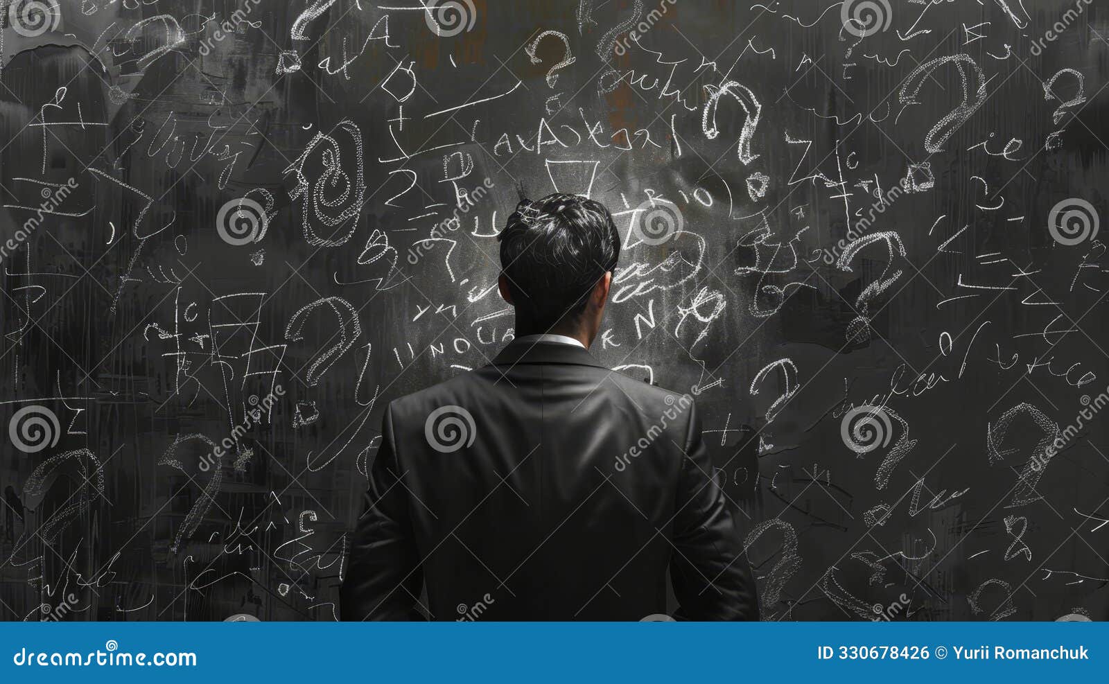 Stressed Businessman Facing Question Mark Covered Blackboard ...