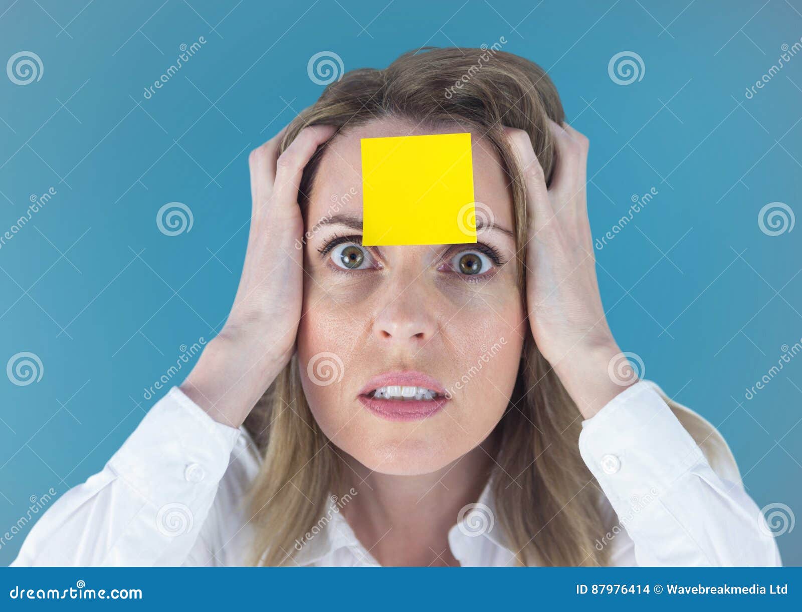 Stressed Businesswoman with Blank Sticky Note on Forehead Stock Photo ...