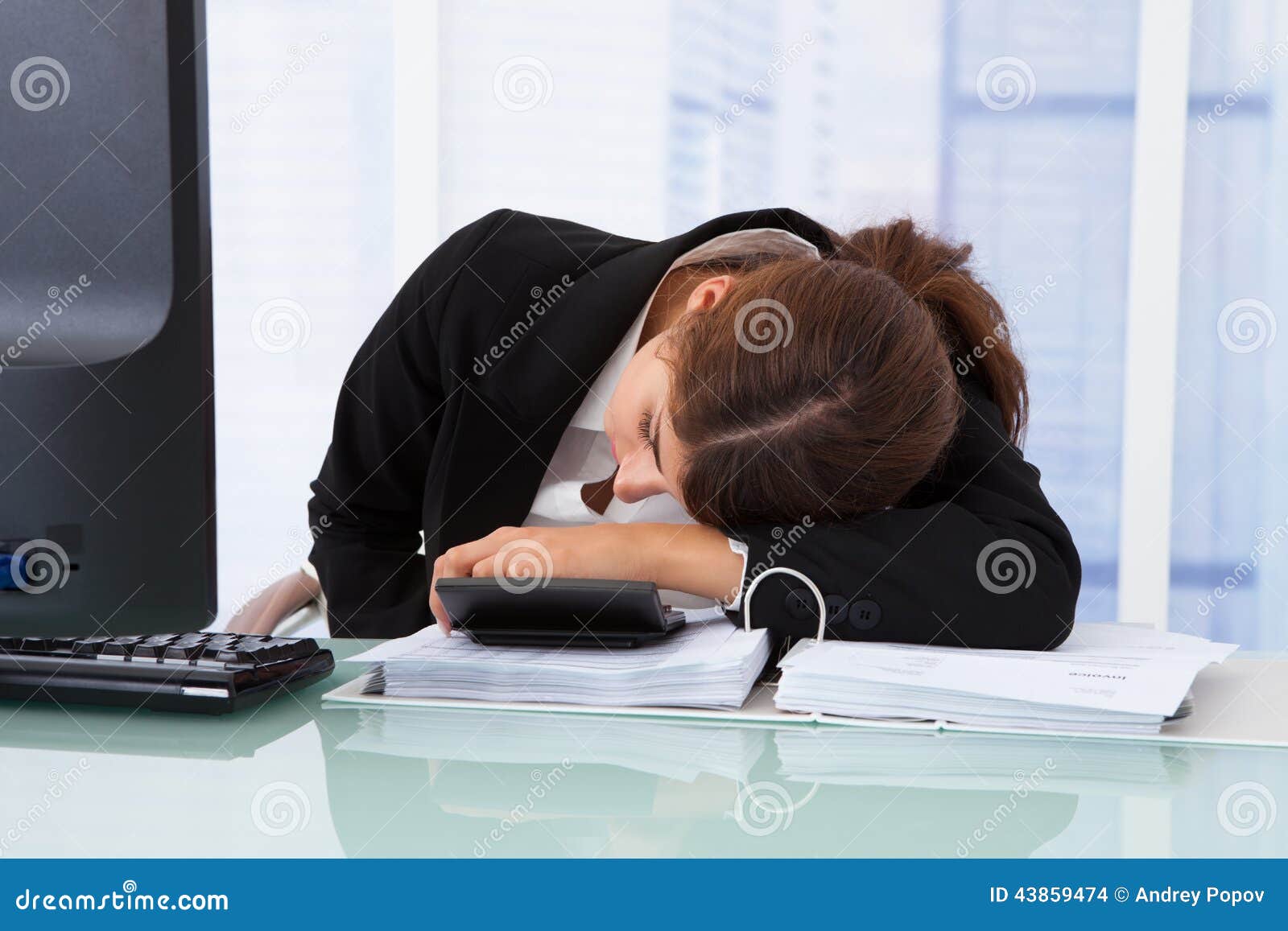 Stressed Businesswoman Leaning at Desk Stock Photo - Image of bored ...