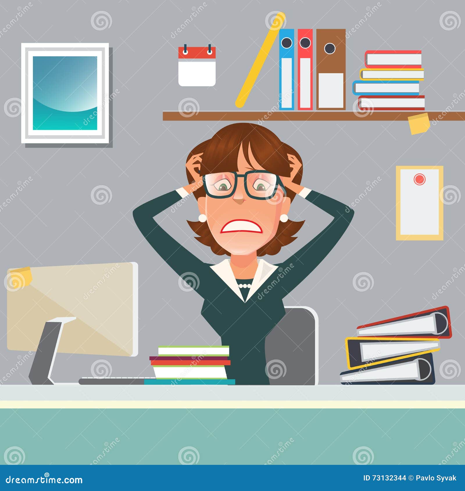 Stressed Businesswoman in Office Work Place with Computer and Documents ...